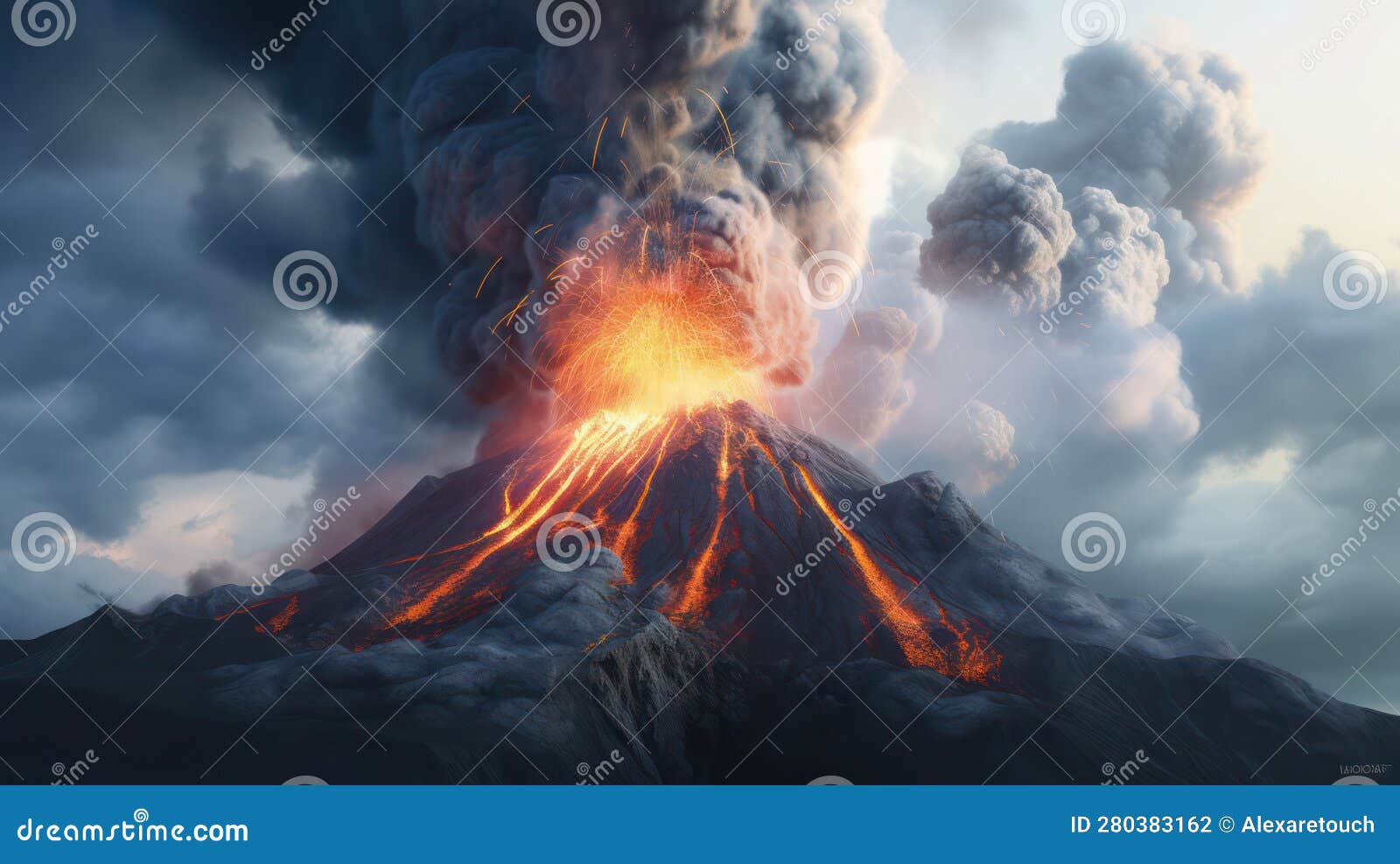 Volcanic Eruption Ejecting Fire, Lava and Ash Stock Illustration ...