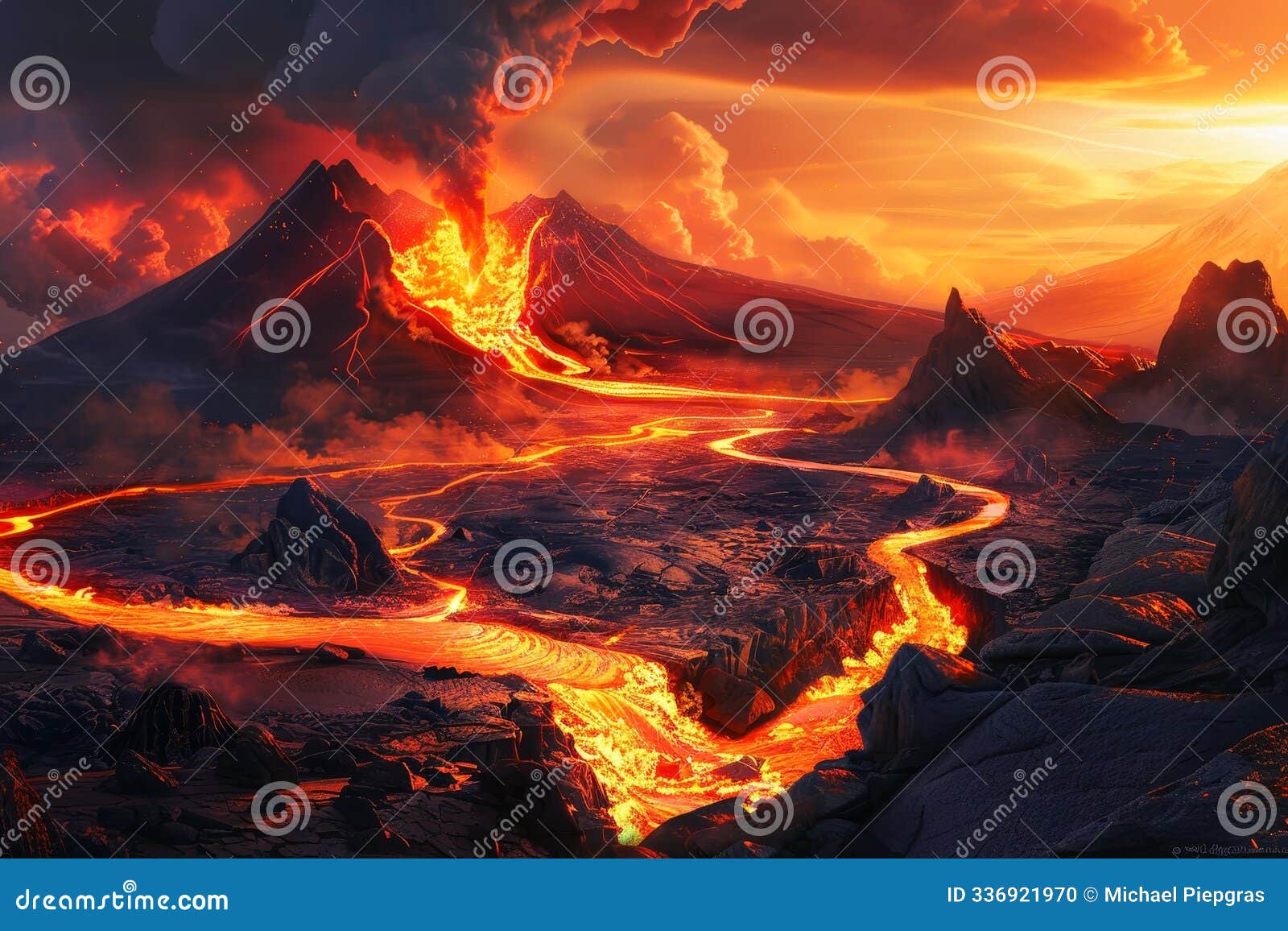A Volcanic Eruption with Flowing Lava in a Spectacular Landscape Stock ...