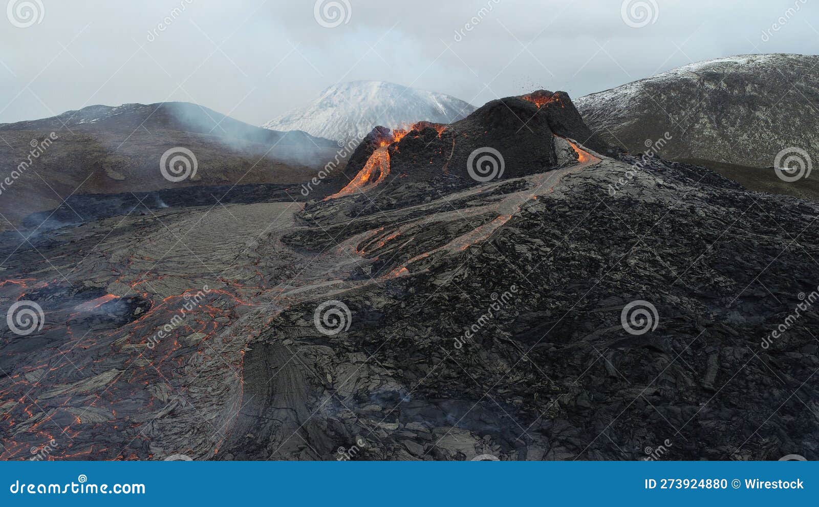 Volcanic Eruption with Glowing Orange Lava Flow Surrounded by a Pool of ...