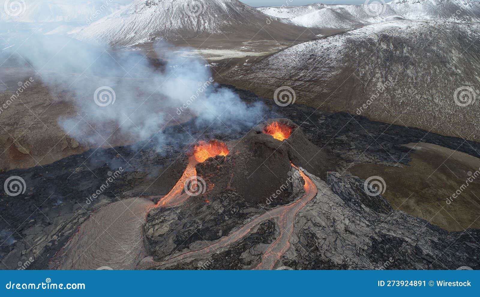 Volcanic Eruption with Glowing Orange Lava Flow Surrounded by a Pool of ...