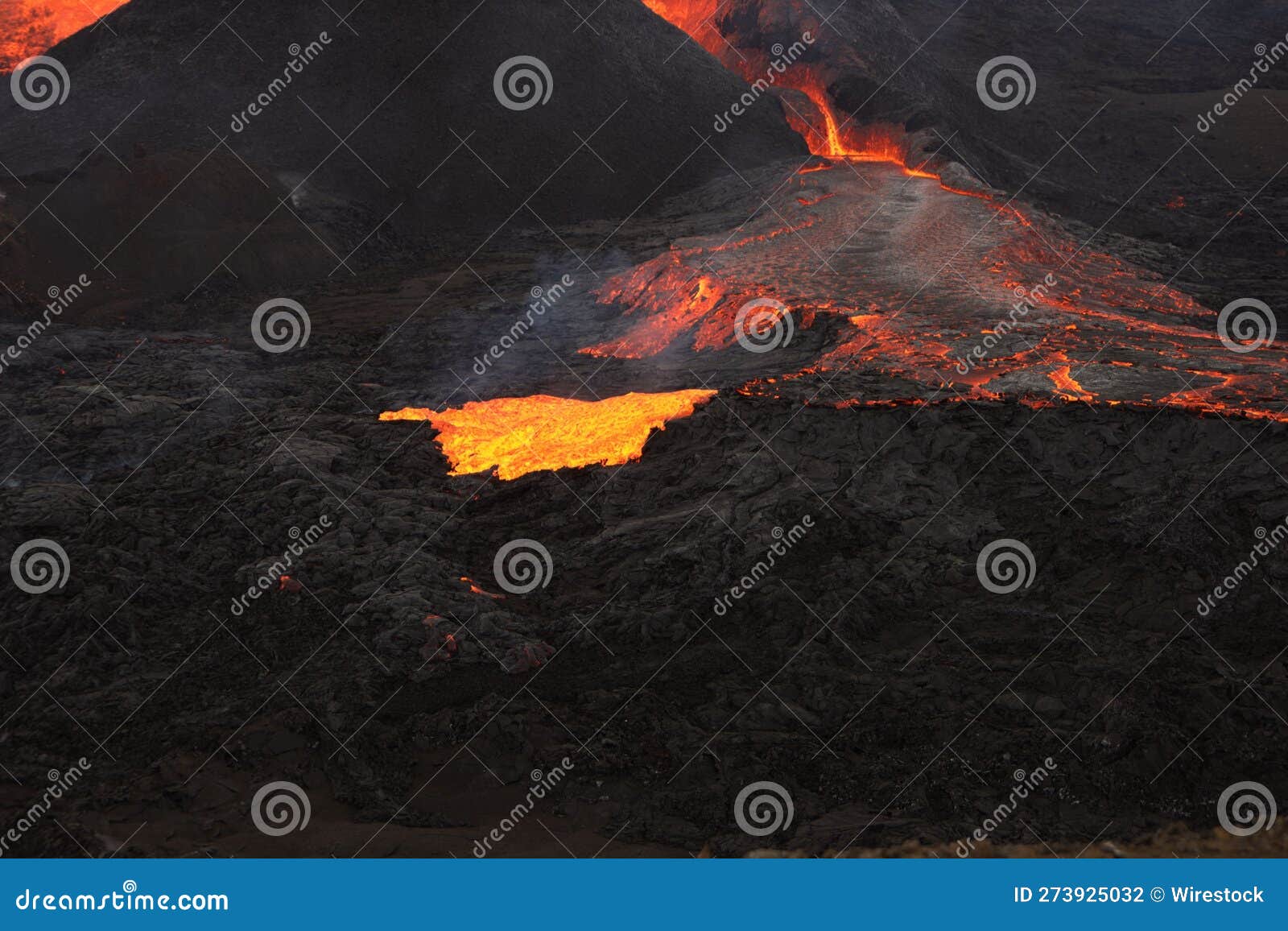 Volcanic Eruption with Glowing Orange Lava Flow Surrounded by a Pool of ...
