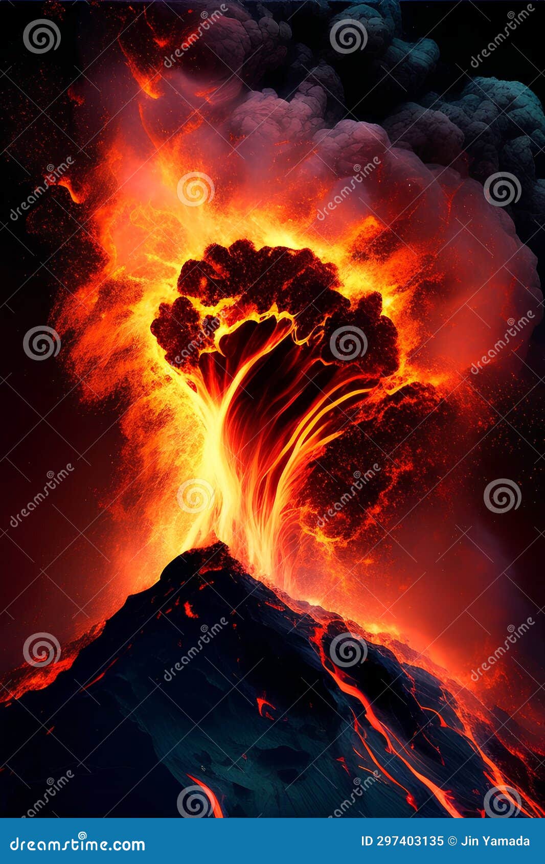 Volcanic Eruption with Lava and Ash on Dark Background. 3d Illustration ...