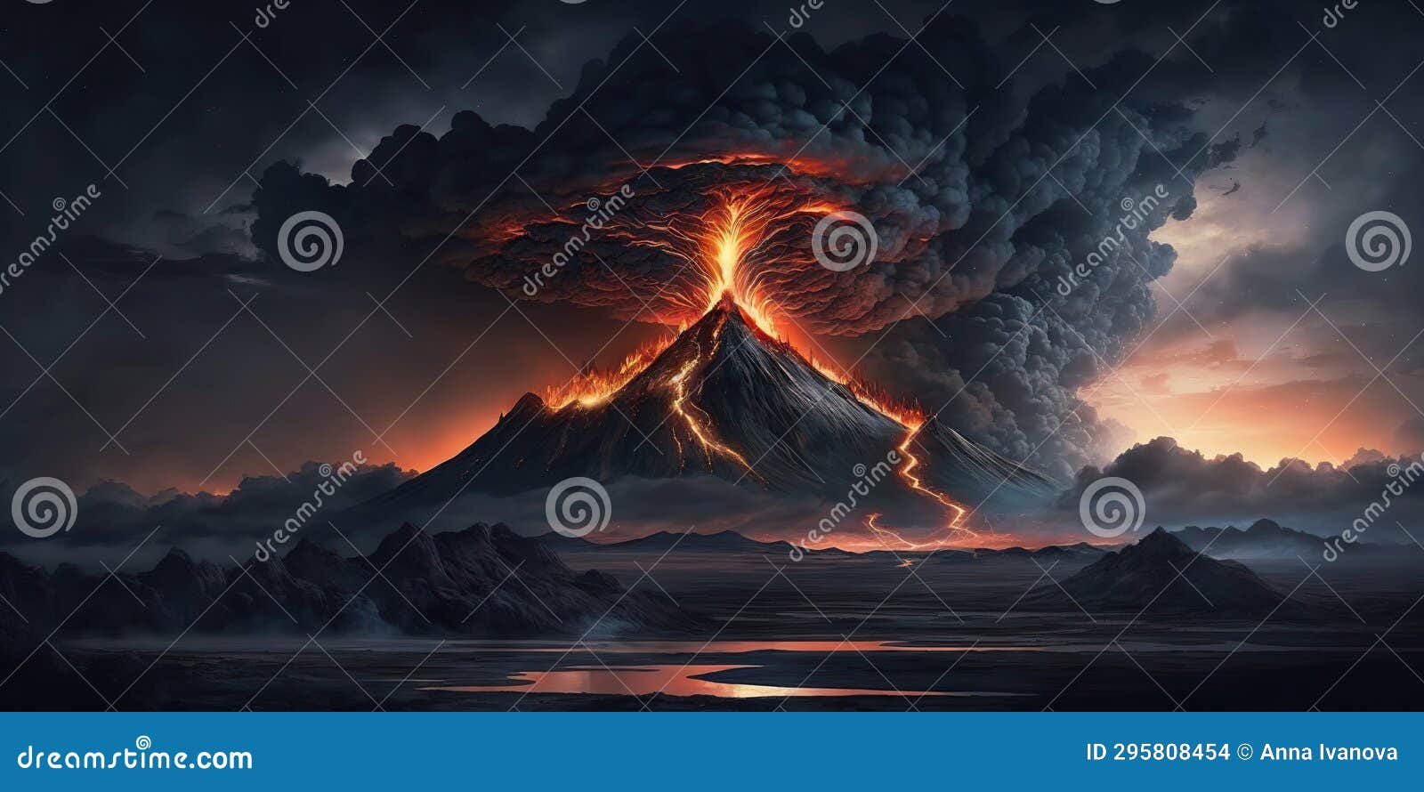 Volcanic Eruption, Lava and Ash Ejection into the Sky, Panorama, Magma ...