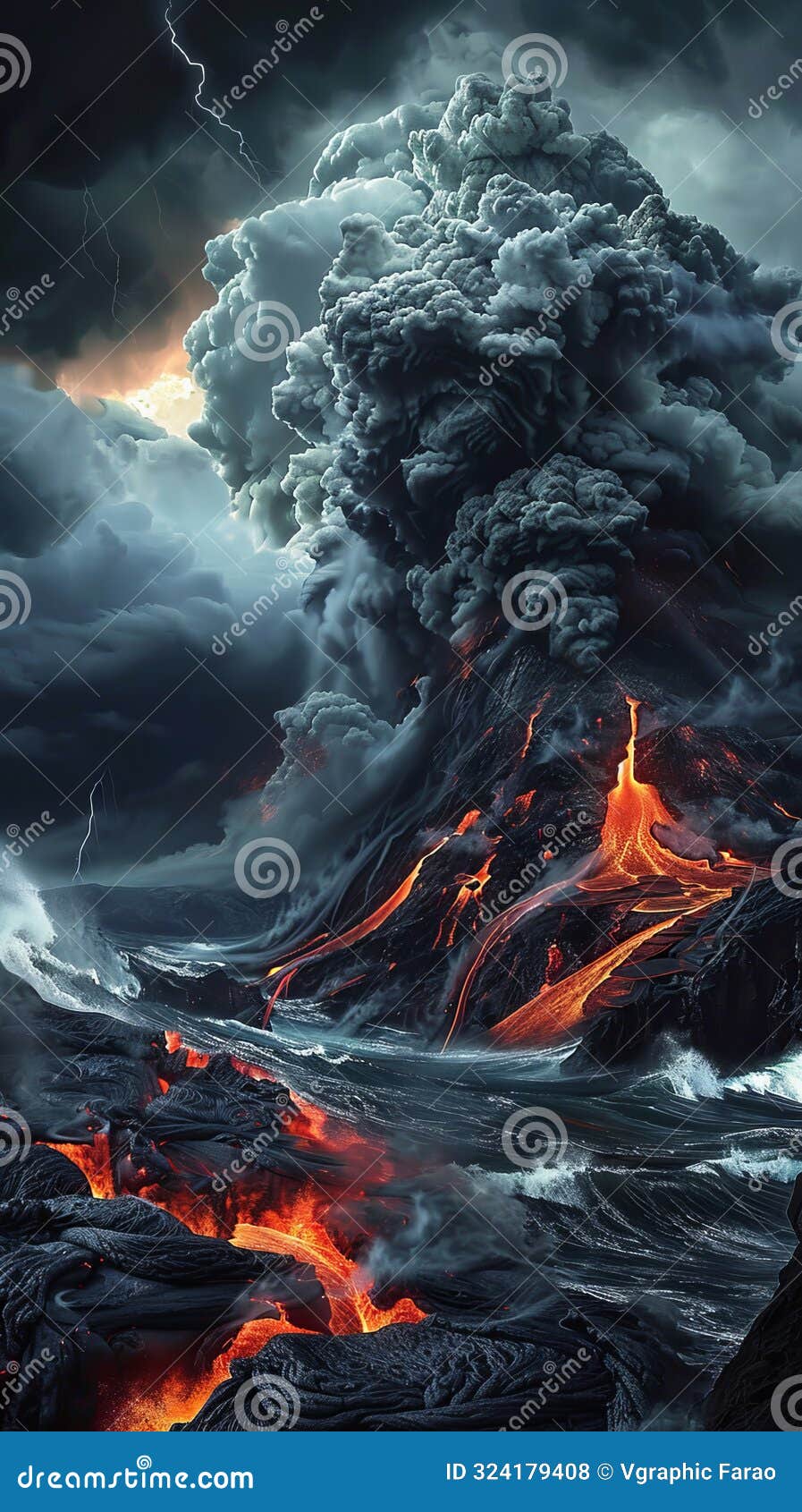 Volcanic Eruption with Lava Flow and Dark Storm Clouds, Dramatic ...