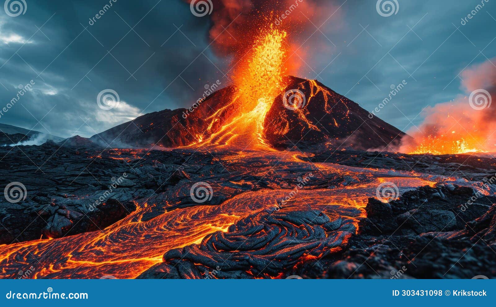 Volcanic Eruption with Lava Flow Under Dark Clouds Stock Photo - Image ...