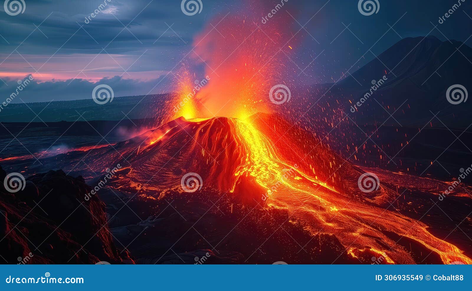 Volcanic Eruption With Lava Flowing From The Crater Royalty-Free ...