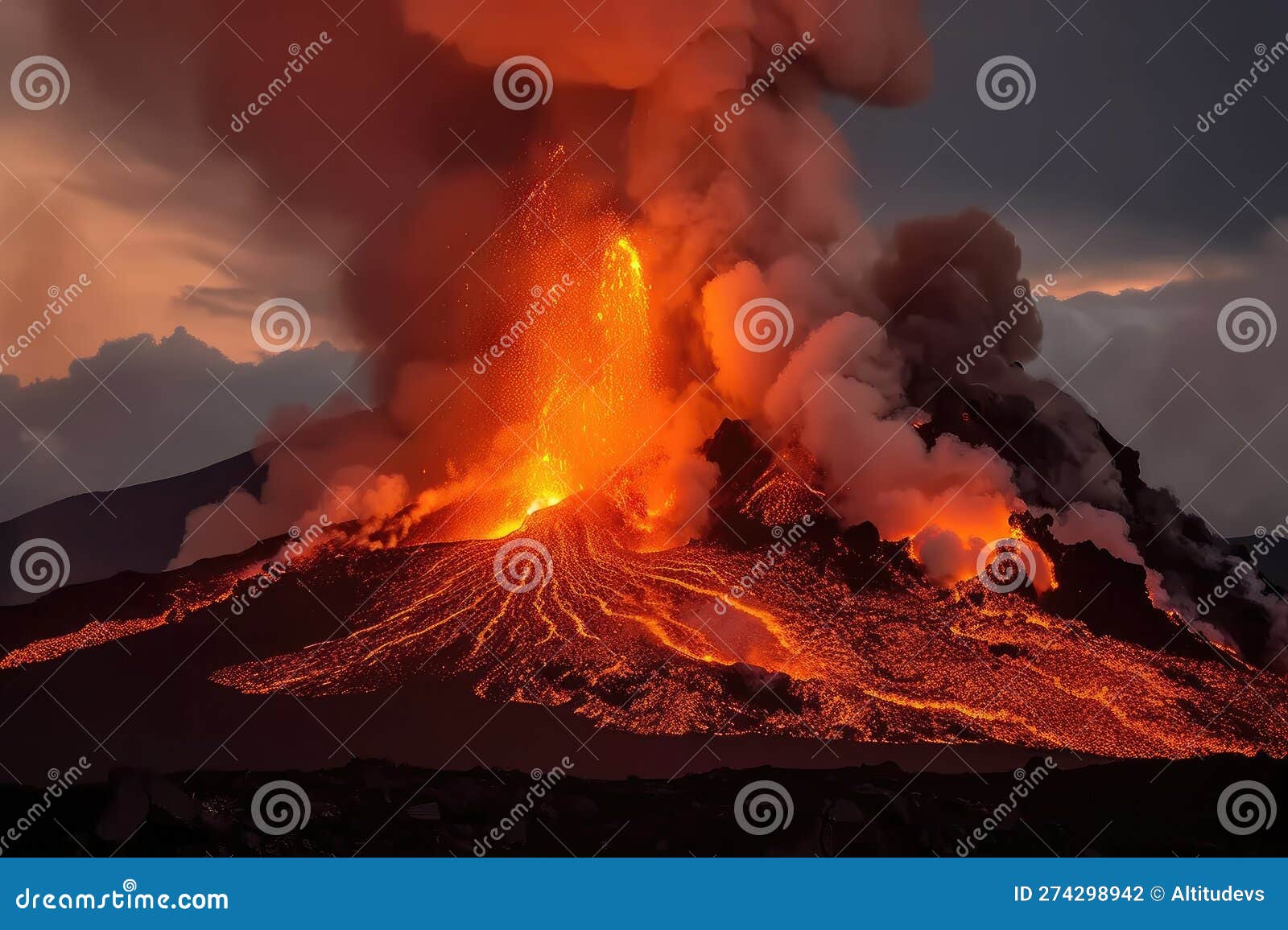 Volcanic Eruption, with Lava Flowing Down the Side of a Mountain Range ...