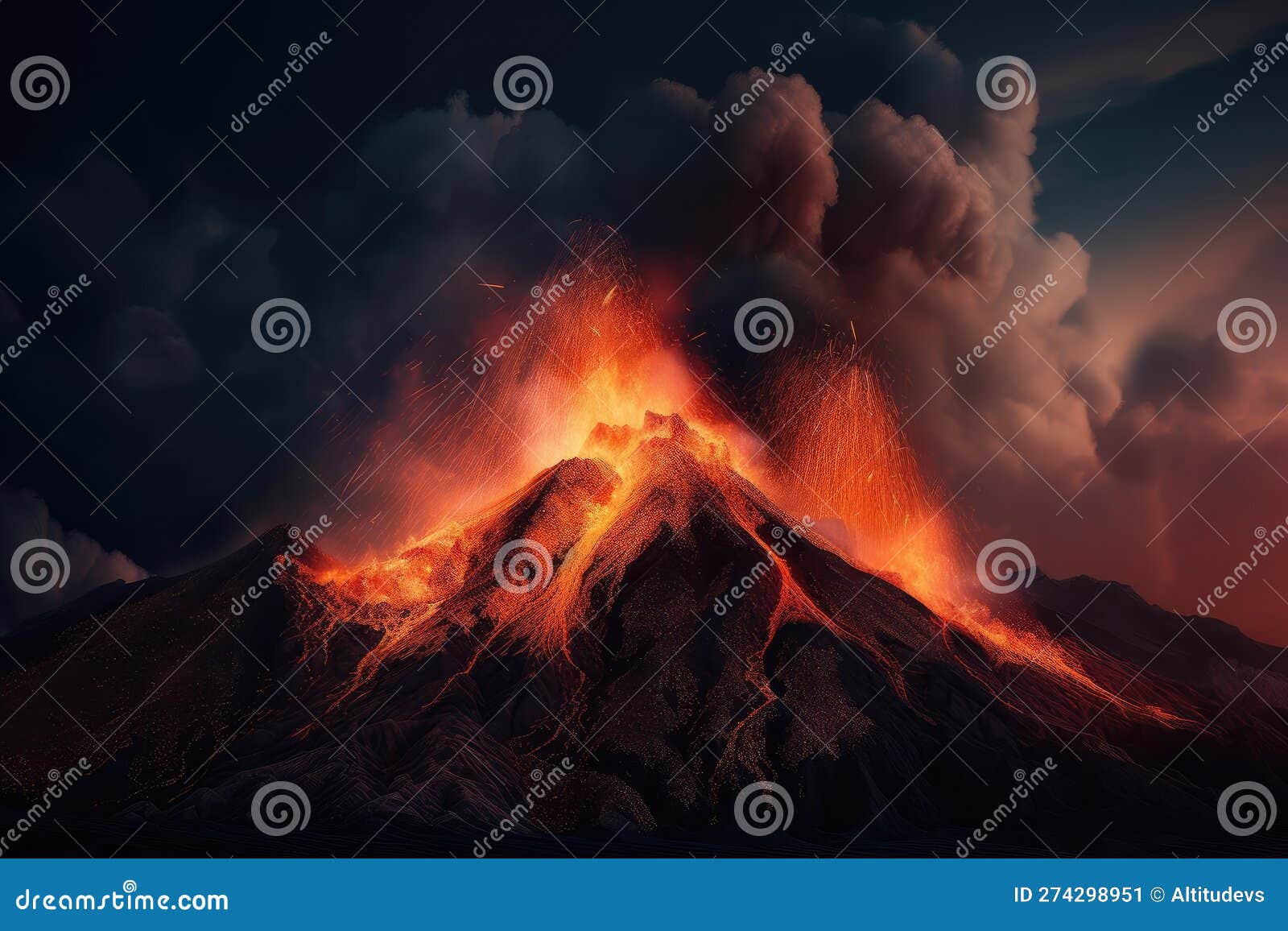 Volcanic Eruption, with Lava Flowing Down the Side of a Mountain Range ...