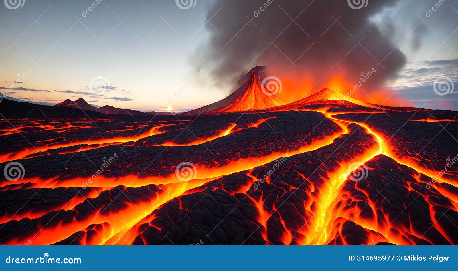 A Volcanic Eruption with Lava Flowing Down the Side of a Mountain. the ...