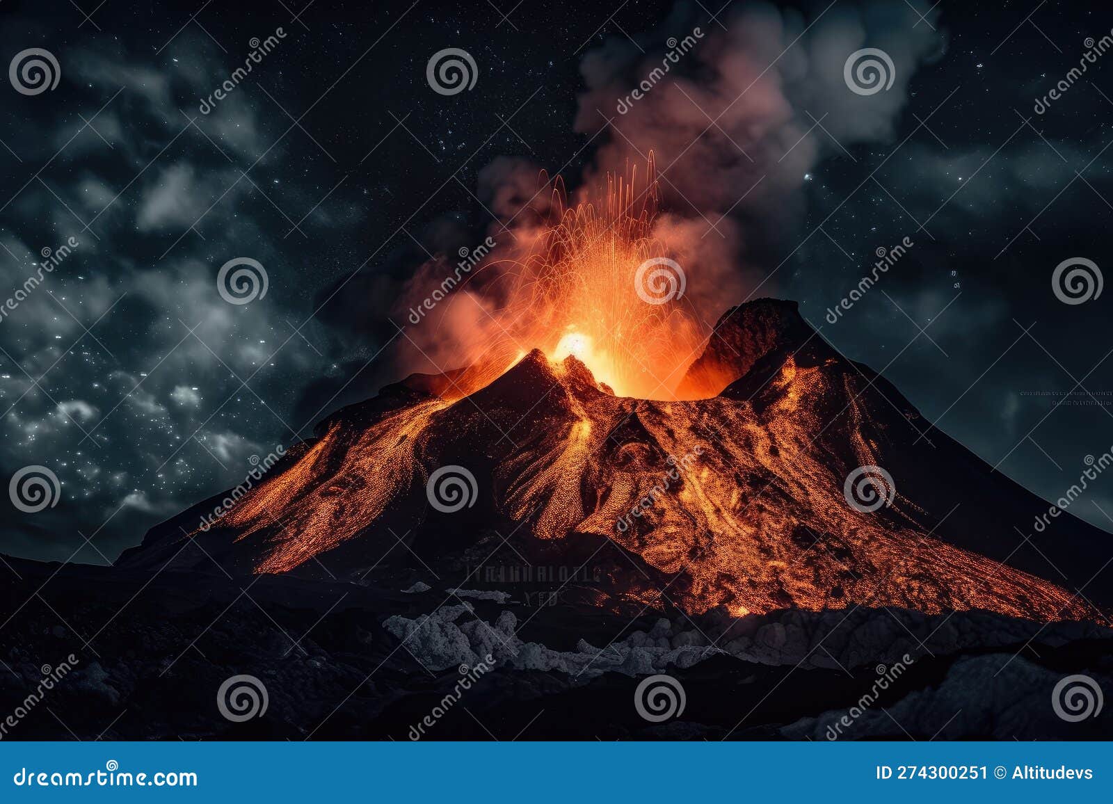 Volcanic Eruption at Night, with Lava Flows Illuminated by the ...