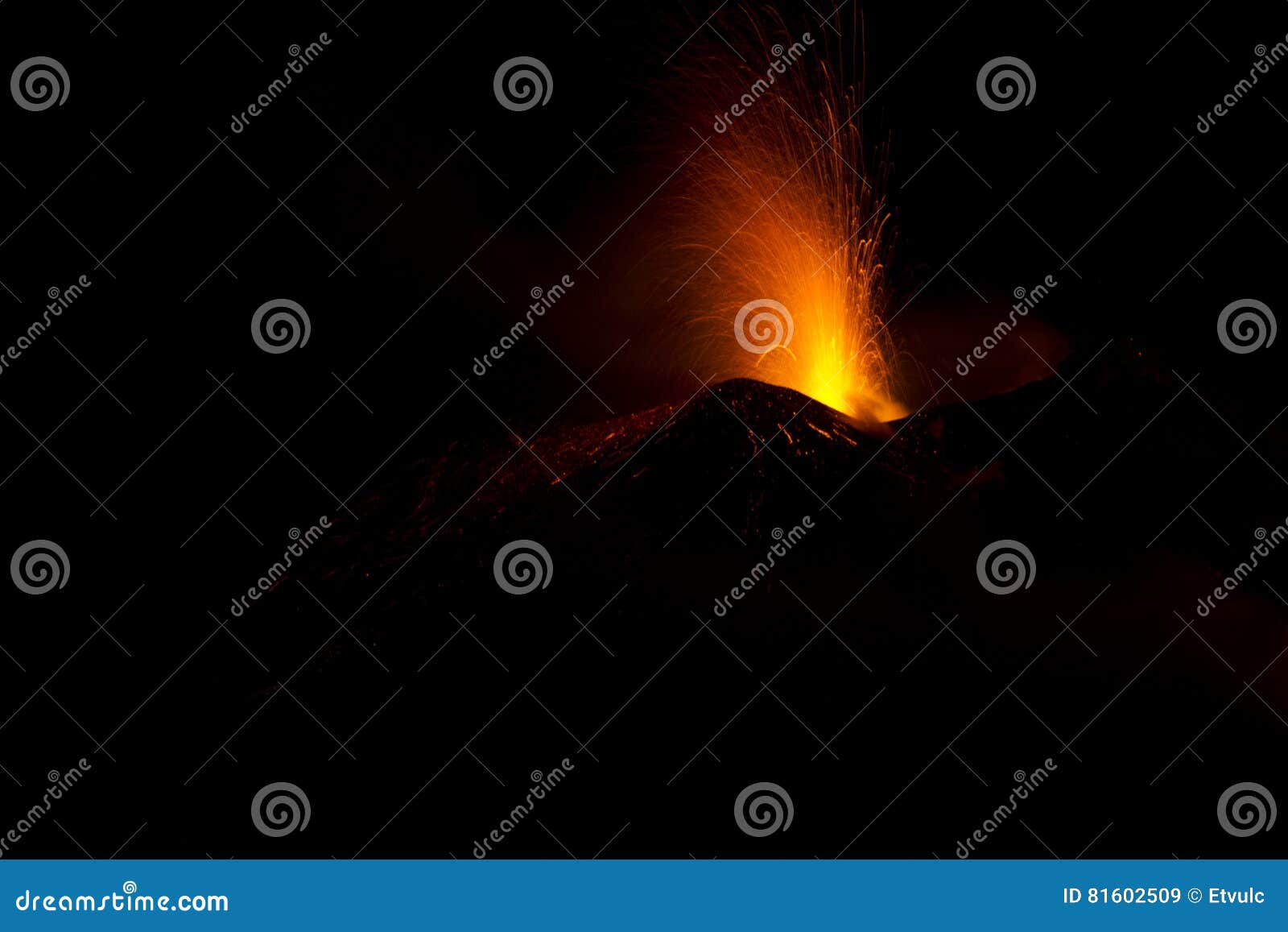 Volcanic eruption at night stock image. Image of brown - 81602509