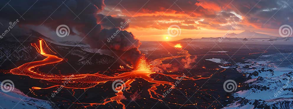 Volcanic Eruption Process. Landscape of Volcano with Exploding and ...