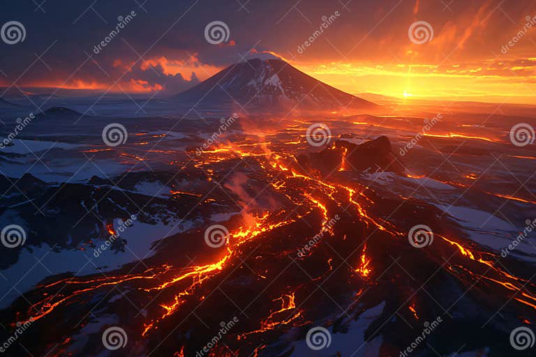 Volcanic Eruption Process. Landscape of Volcano with Exploding and ...