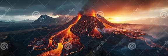 Volcanic Eruption Process. Landscape of Volcano with Exploding and ...