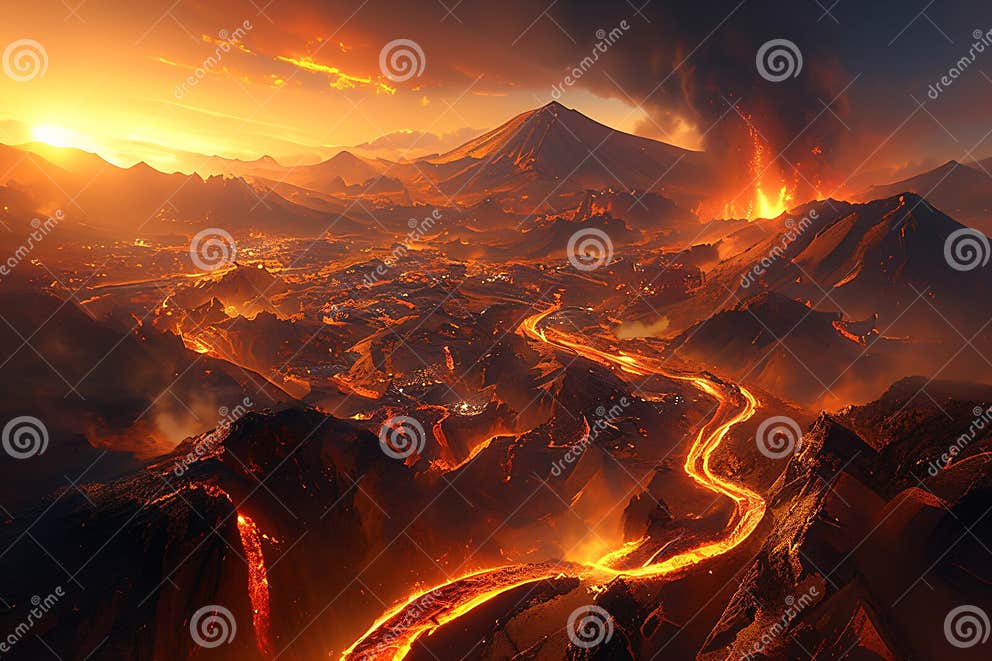 Volcanic Eruption Process. Landscape of Volcano with Exploding and ...