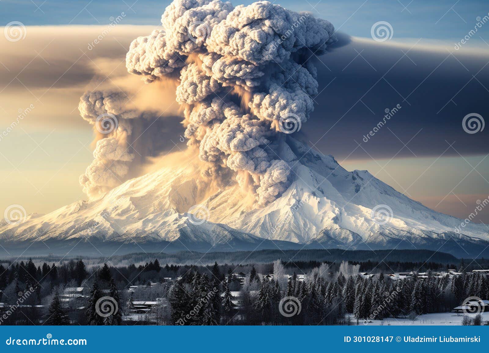 Volcanic Eruption in Snowy Mountains. Generated by Artificial ...