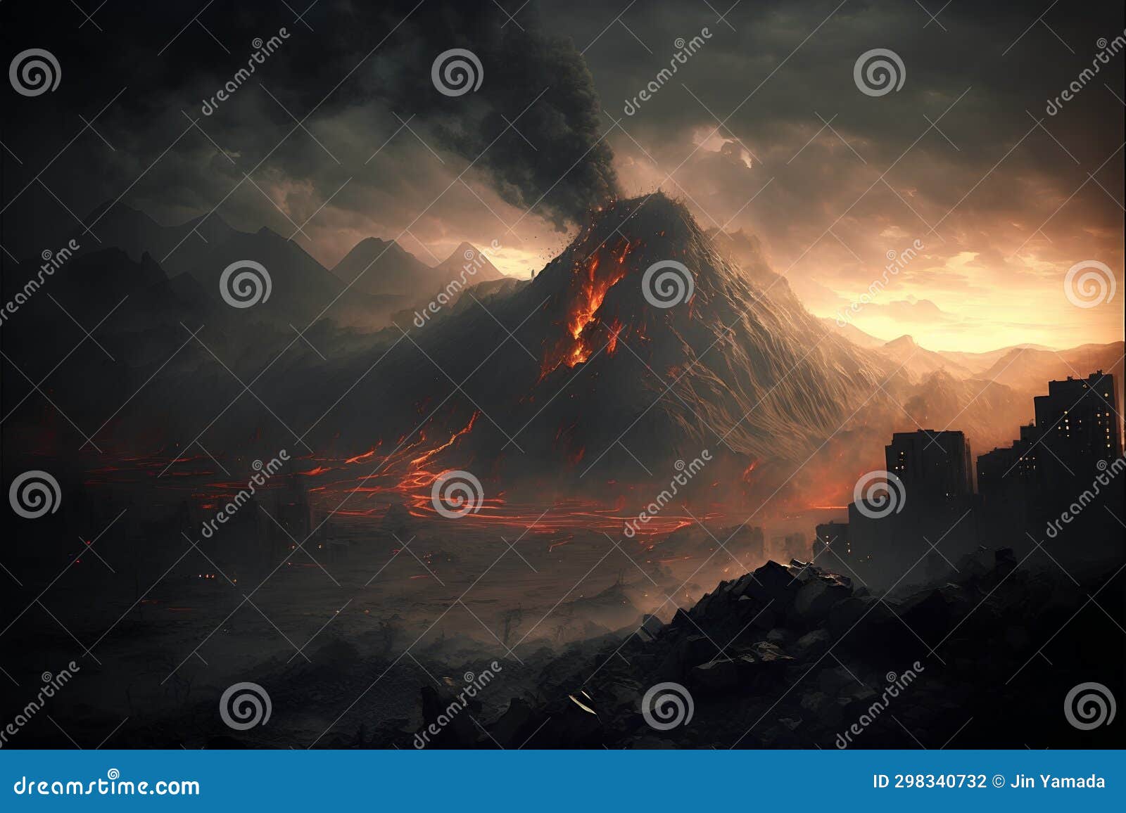 Volcanic Eruption at Sunset, 3d Render of a Volcano Eruption Stock ...