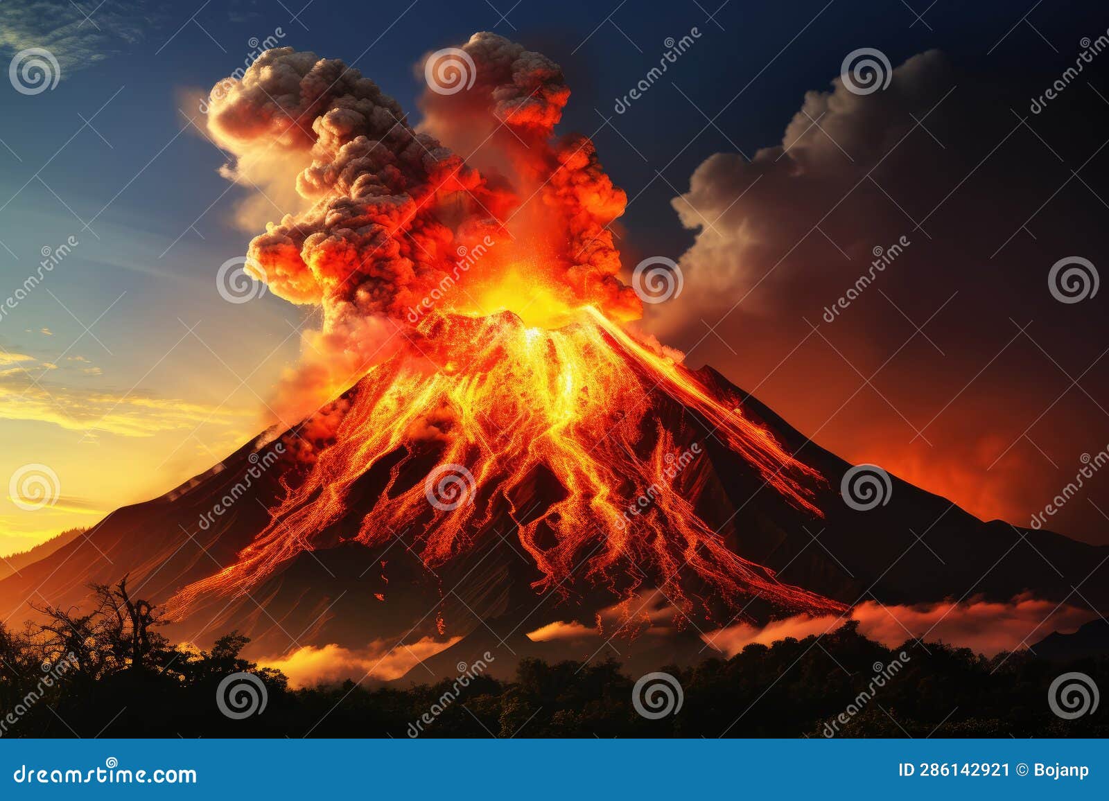 Volcanic Eruptions At Active Volcano, At Night. AI Generated Stock ...
