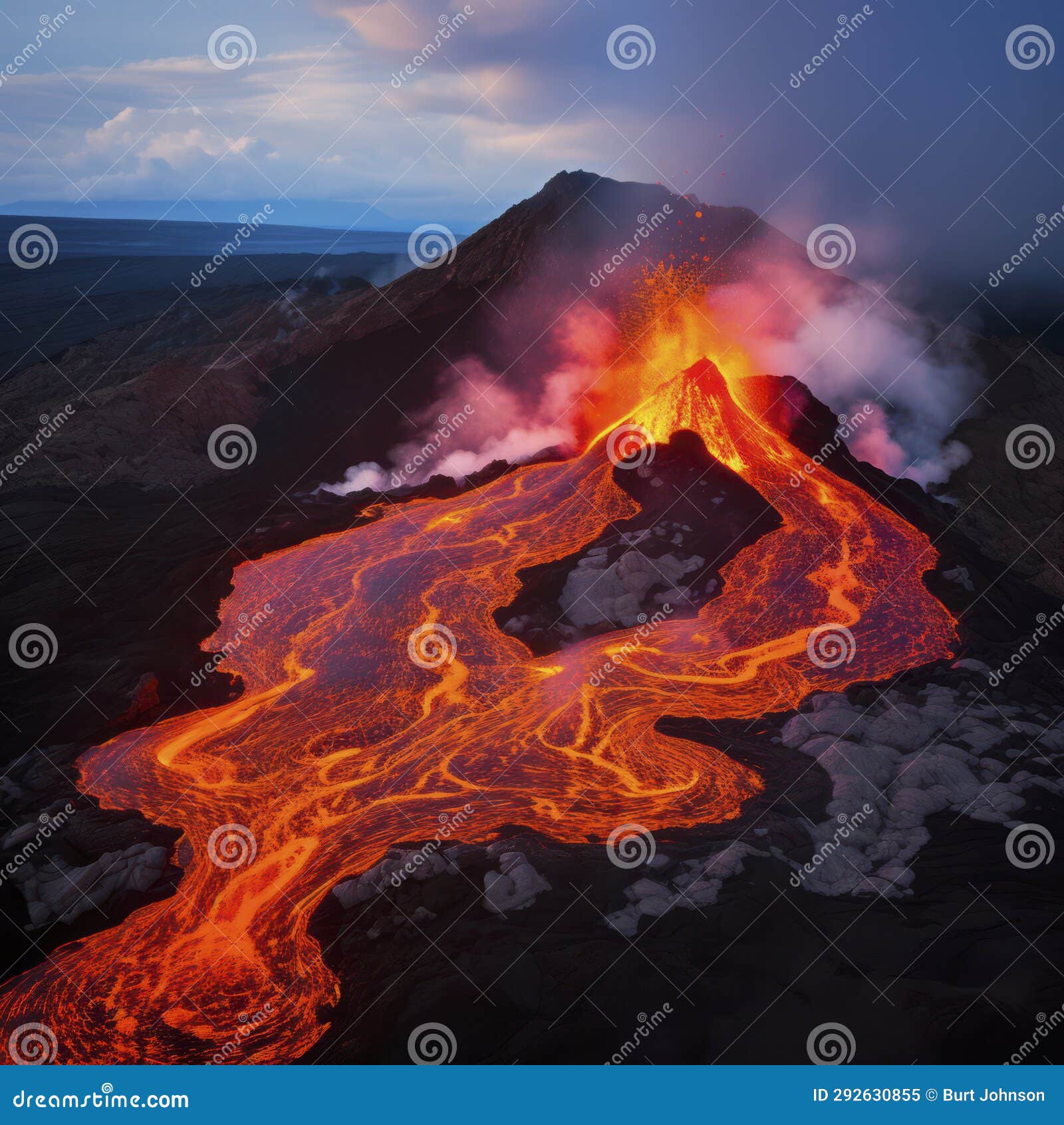 Volcano with Active Lava Flow Stock Illustration - Illustration of ...