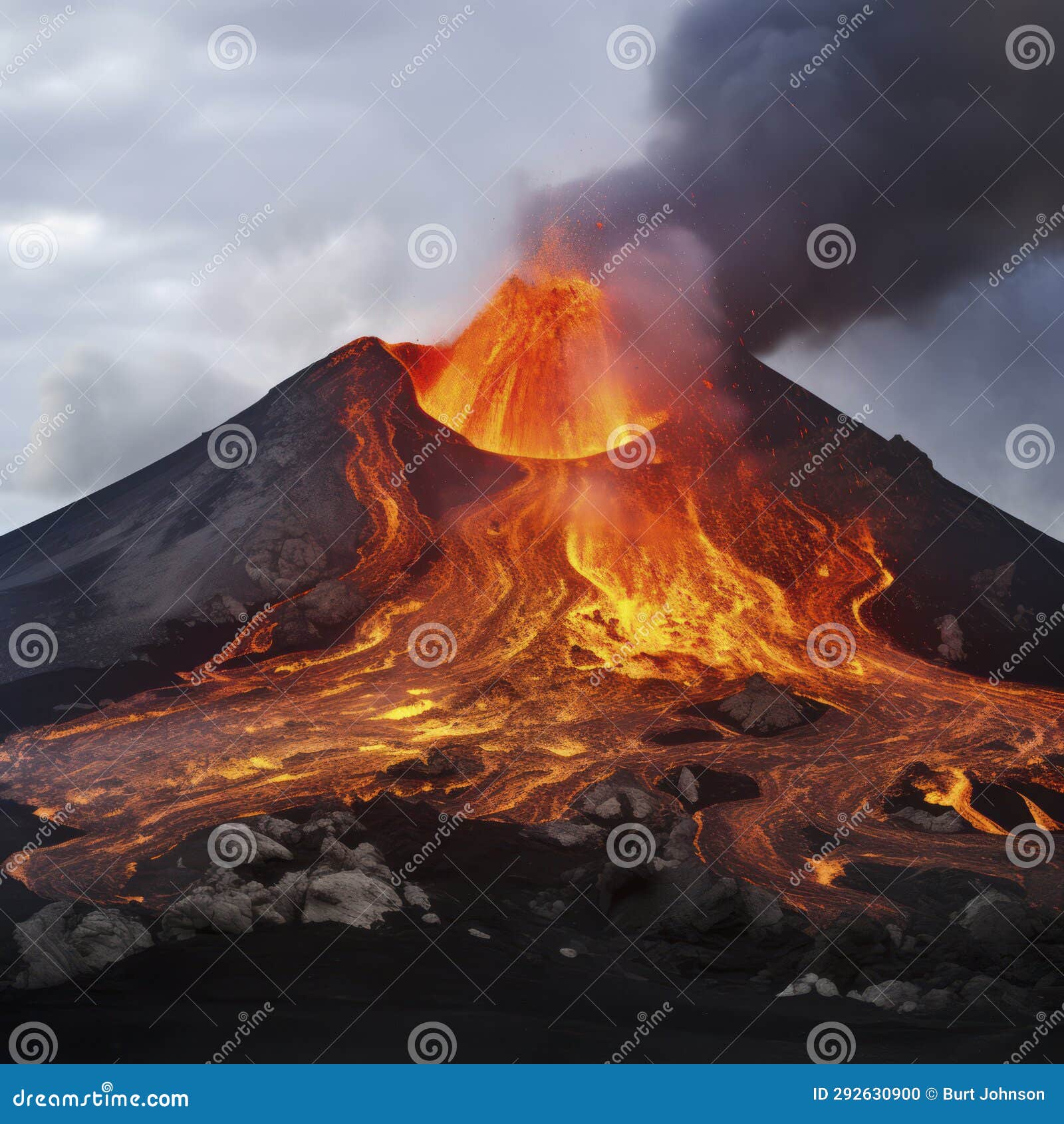 Volcano with Active Lava Flow Stock Illustration - Illustration of ...