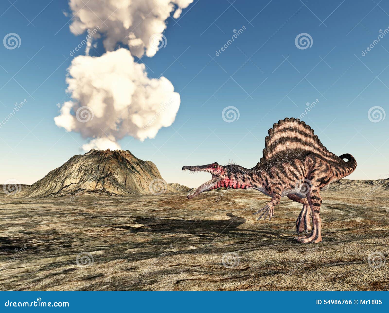 Volcano and the Dinosaur Spinosaurus Stock Illustration - Illustration ...