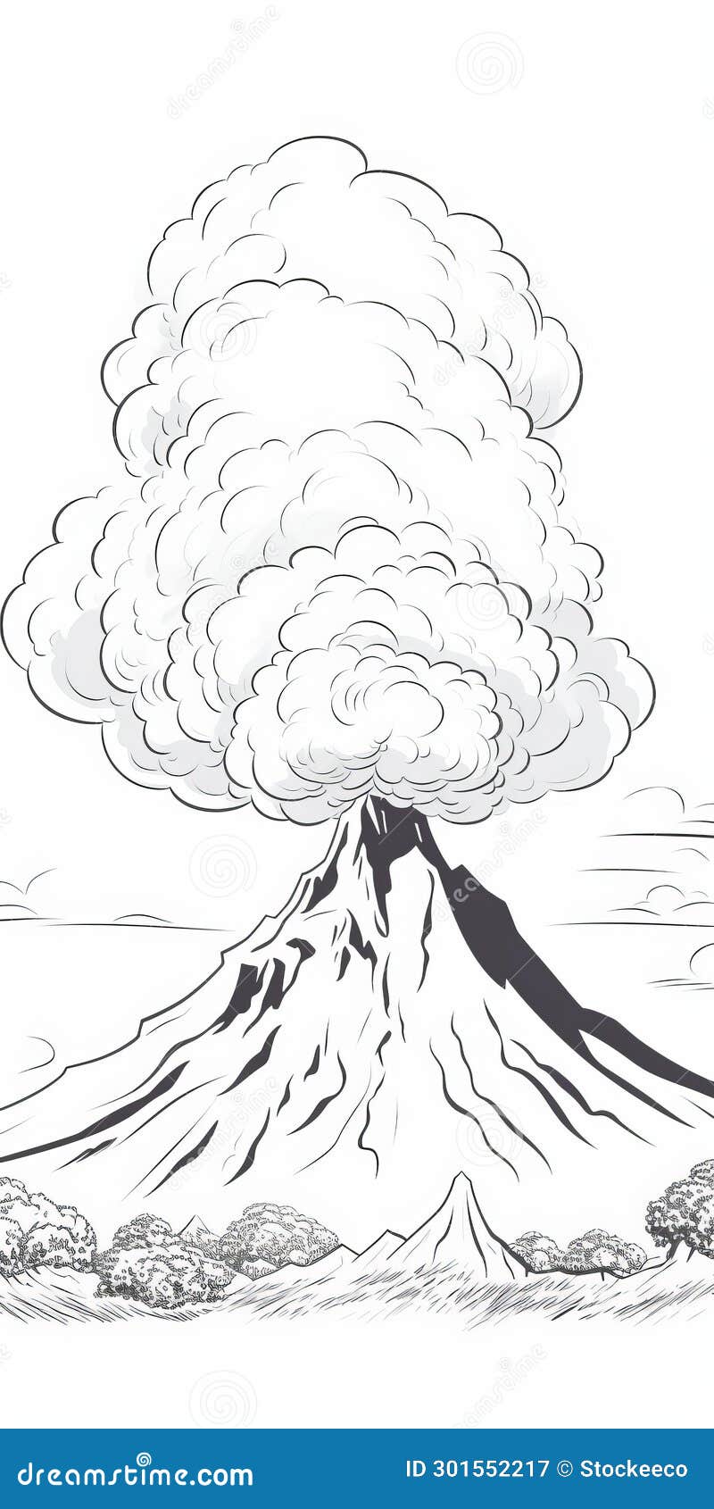 Vibrant Cartoonish Volcano Eruption in Black and White Drawing Stock ...