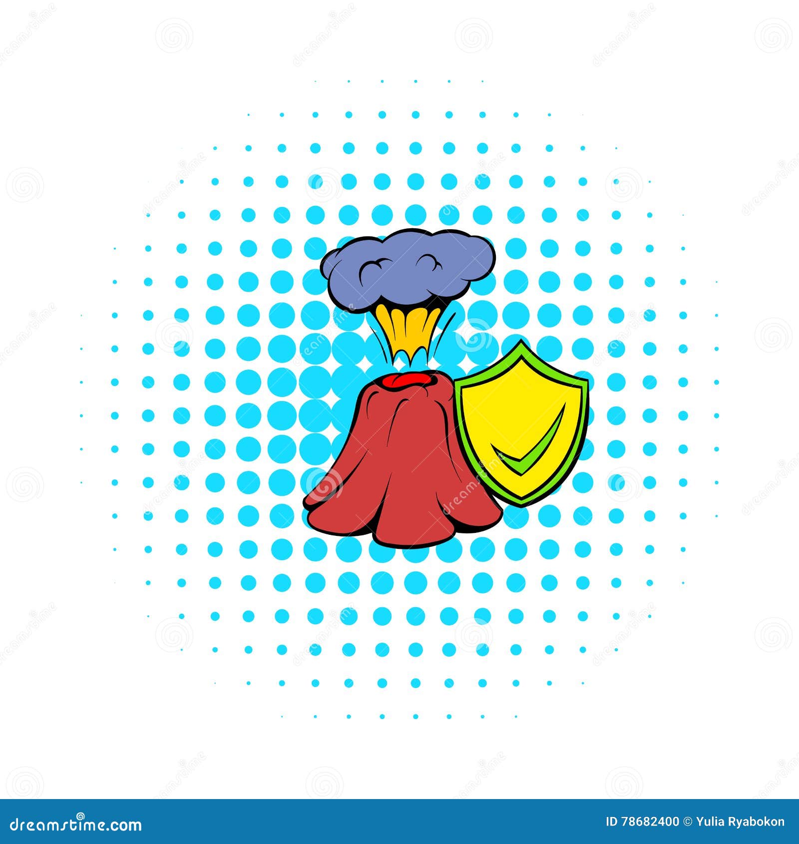 Volcano Erruption and Yellow Shield with Tick Icon Stock Vector ...