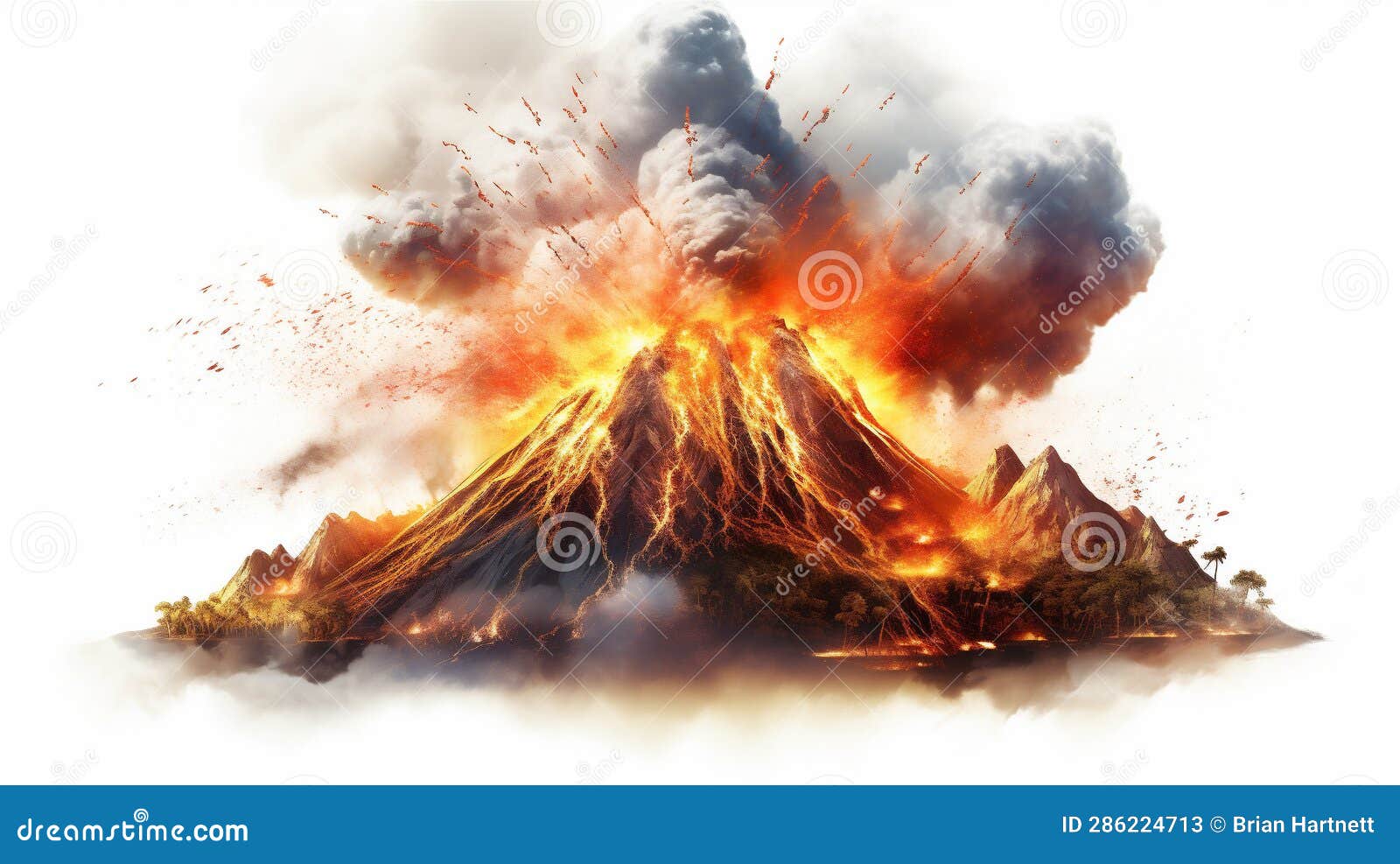 Volcano Erupting, Intense Explosion from Volano, Isolated on White ...