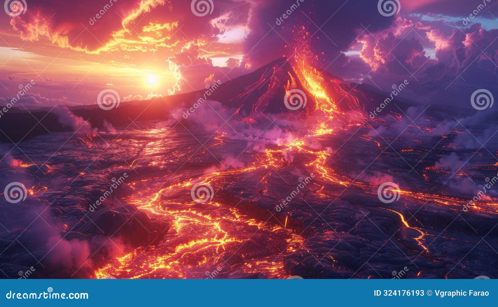Volcano Erupting with Lava Flow during Sunset, Dramatic Landscape ...