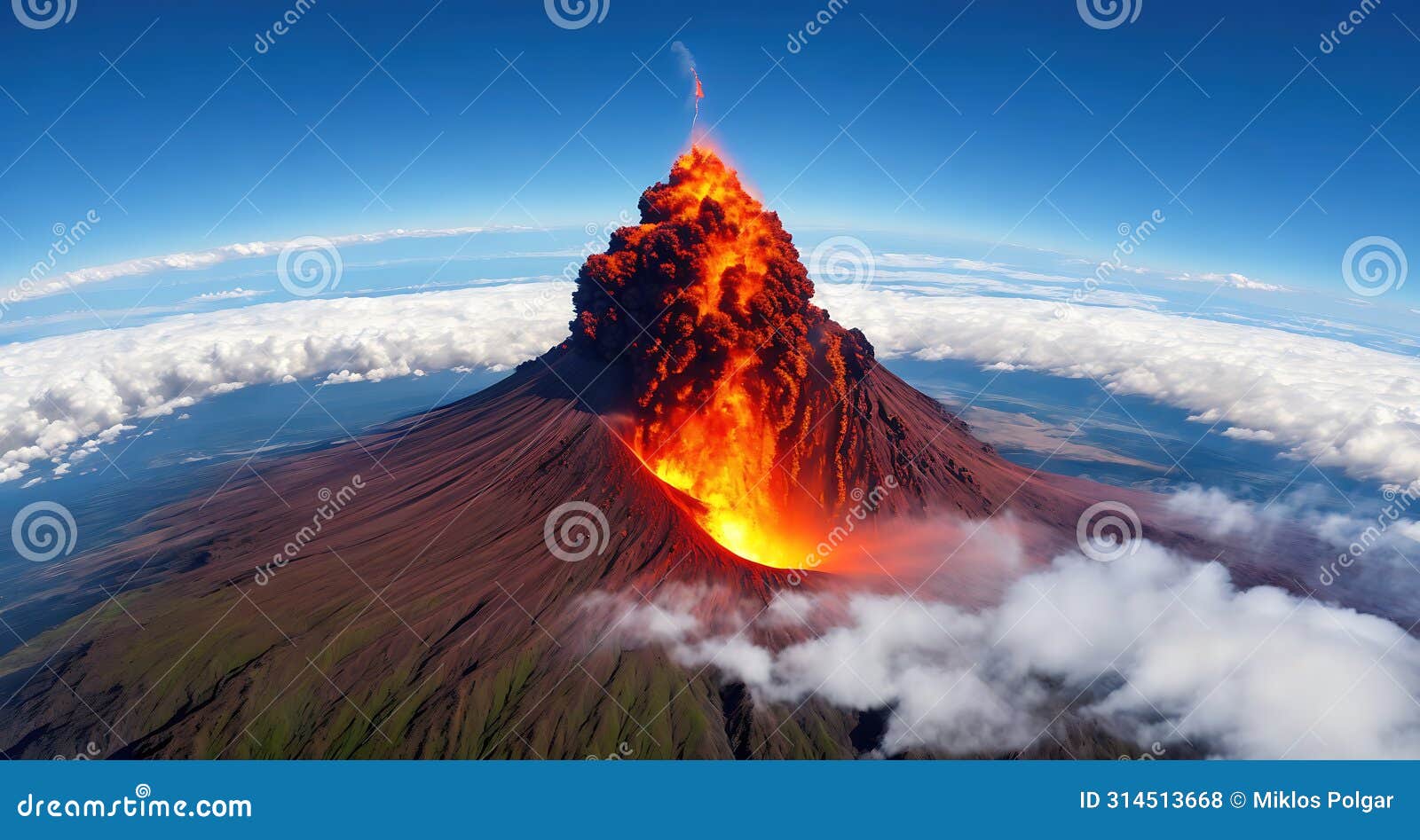 A Volcano Erupting with Lava Flowing Down Its Side. Stock Photo - Image ...