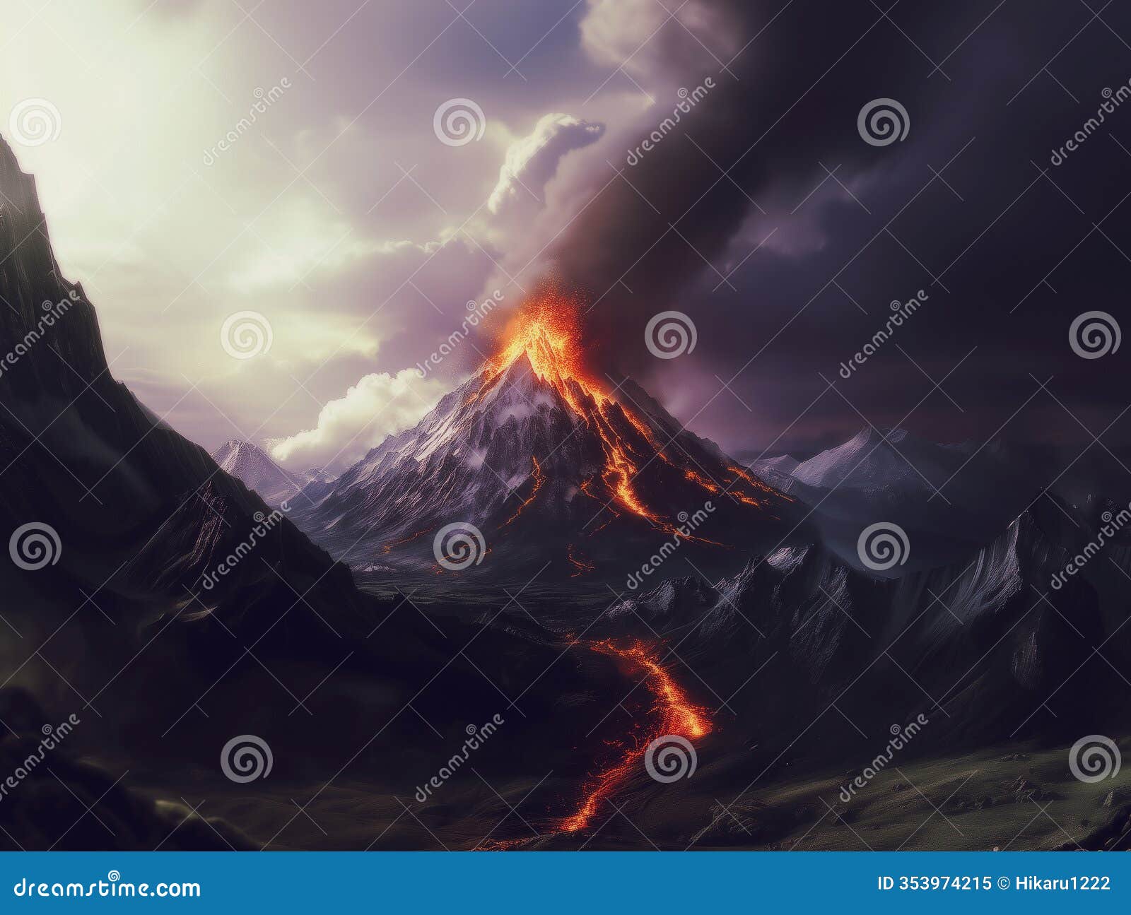 A Volcano Erupting, with Lava Flowing Down Its Sides Stock Illustration ...
