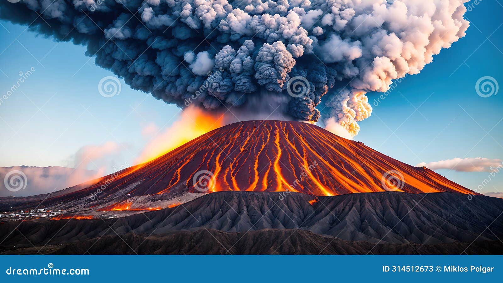 A Volcano Erupting with Lava Flowing Down Its Sides. Stock Image ...