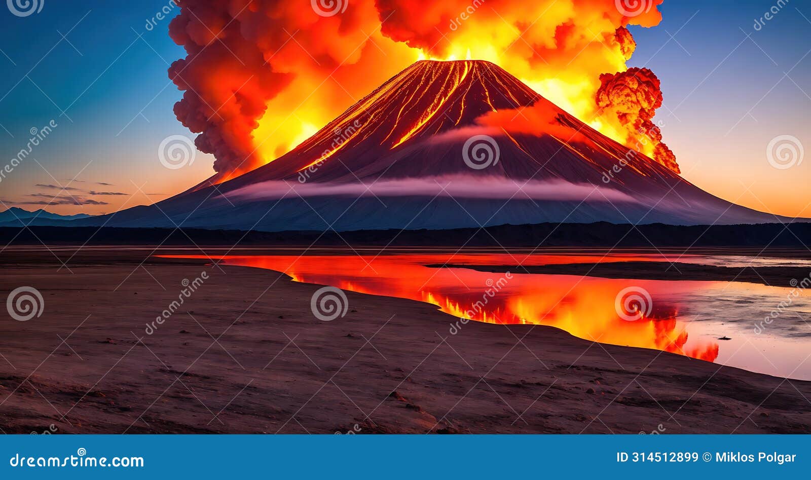 A Volcano Erupting with Lava Flowing Down Its Sides. the Sky is Orange ...