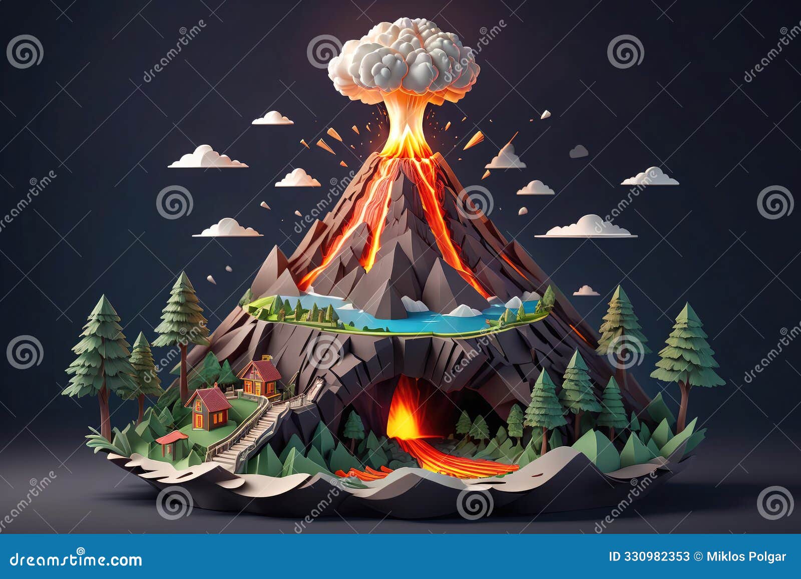 Volcano Erupting with Lava Flowing Downside Surrounded by Trees and ...