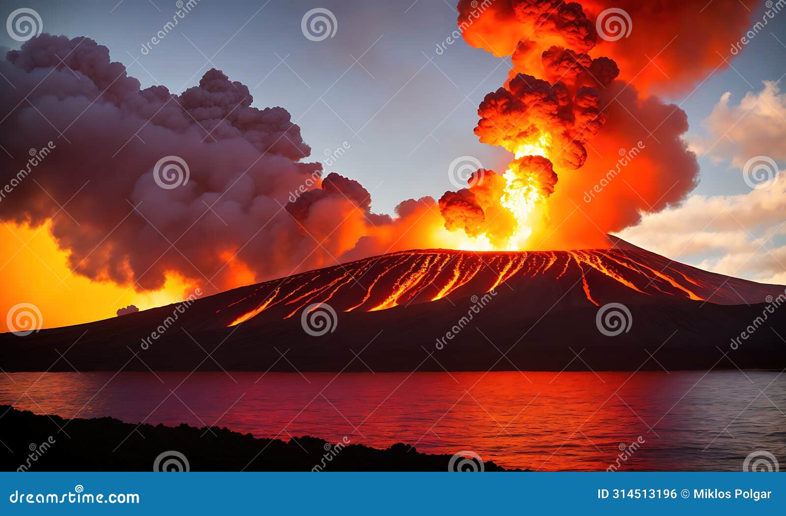 A Volcano Erupting with Lava Flowing from Its Mouth. Stock Photo ...