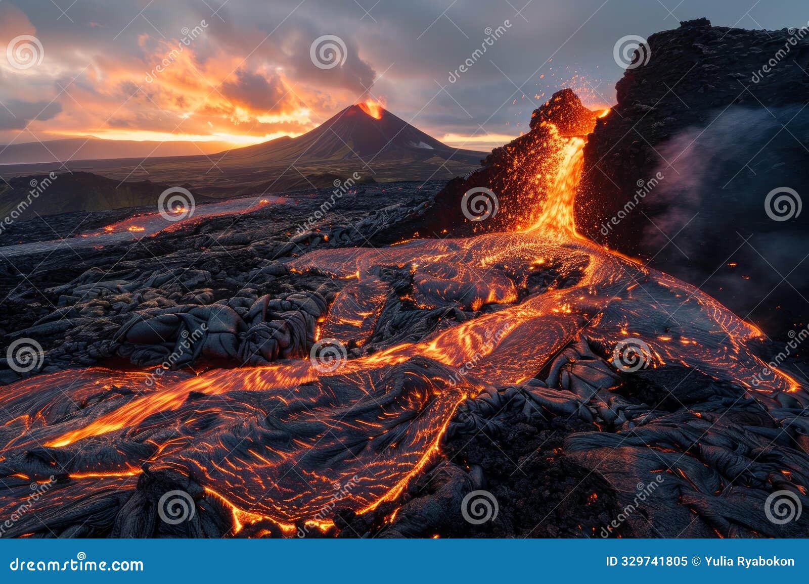 Volcano Erupting with Molten Lava Flowing at Sunset Stock Illustration ...