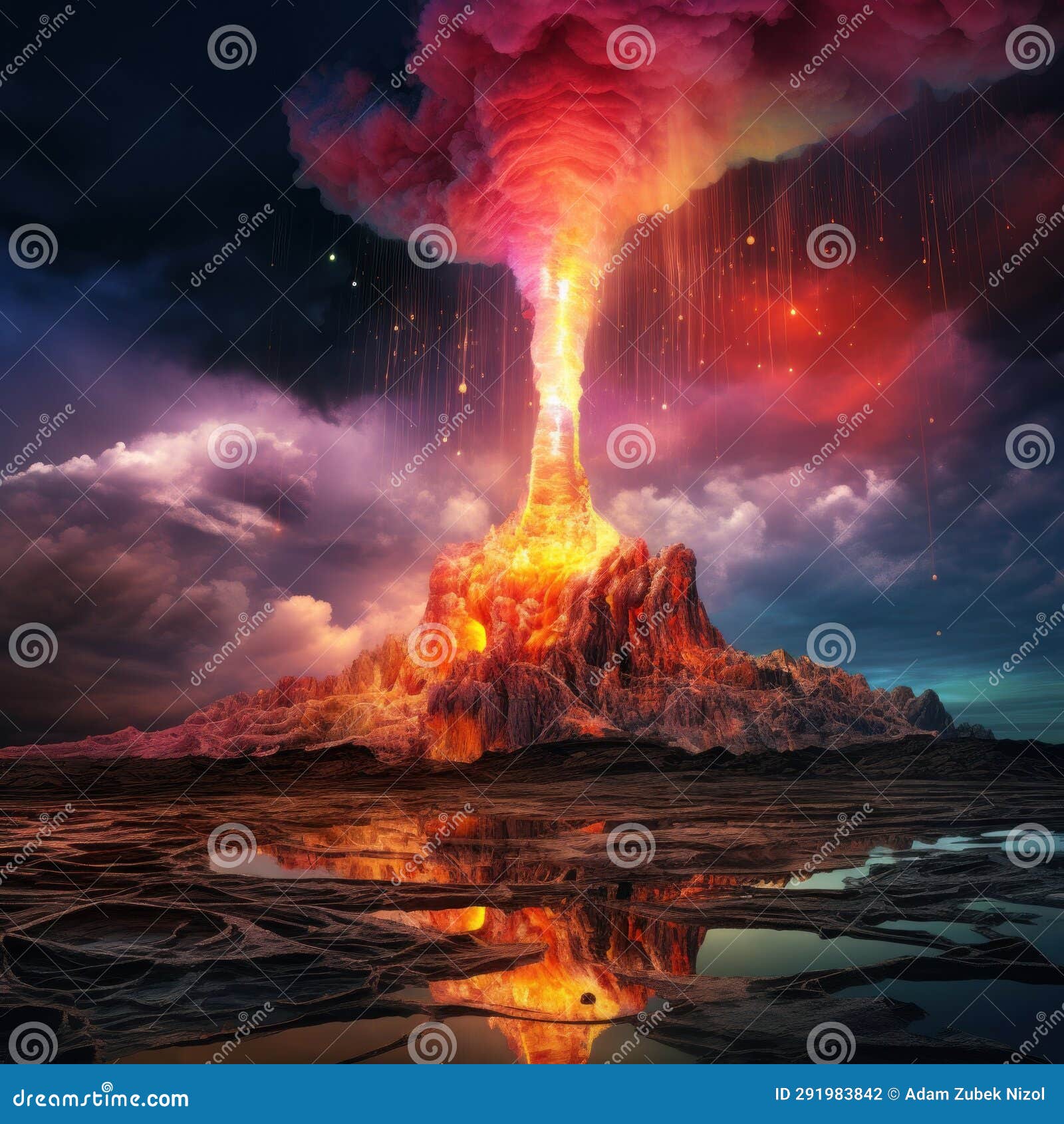 A Volcano Erupting at Night with Scenery in the Background Stock ...
