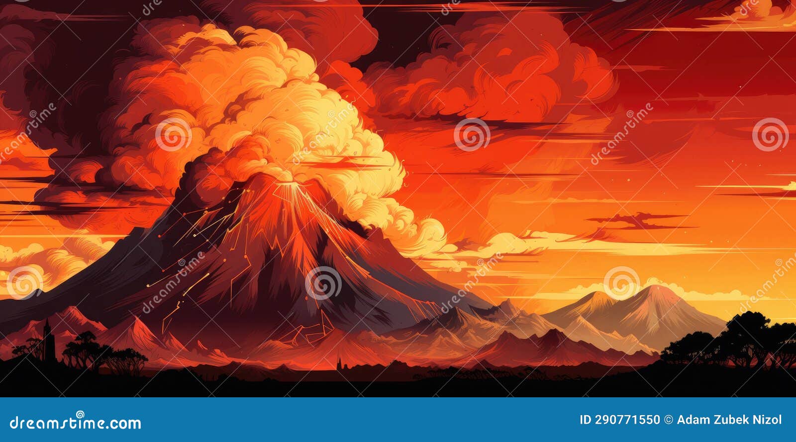 A Volcano Erupting at Sunset Stock Illustration - Illustration of ...