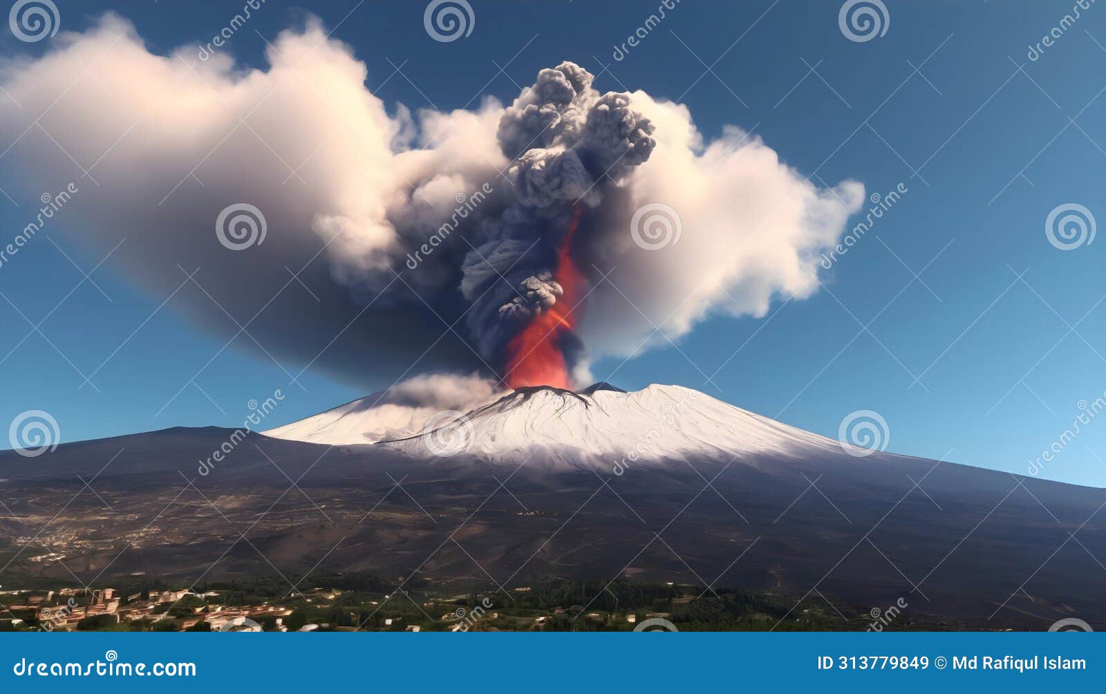 Volcano Eruption with Ash on the Background of Blue Sky. 3d ...