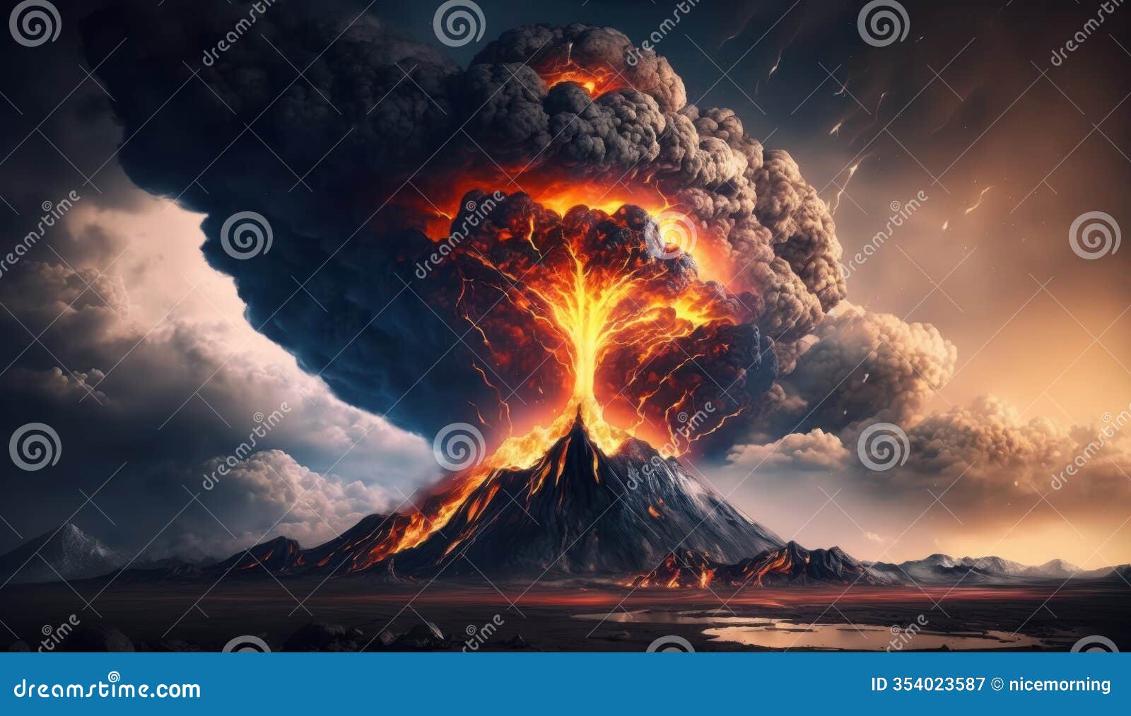 Volcano Eruption with Dramatic Sky and Lightning. Created by Generative ...