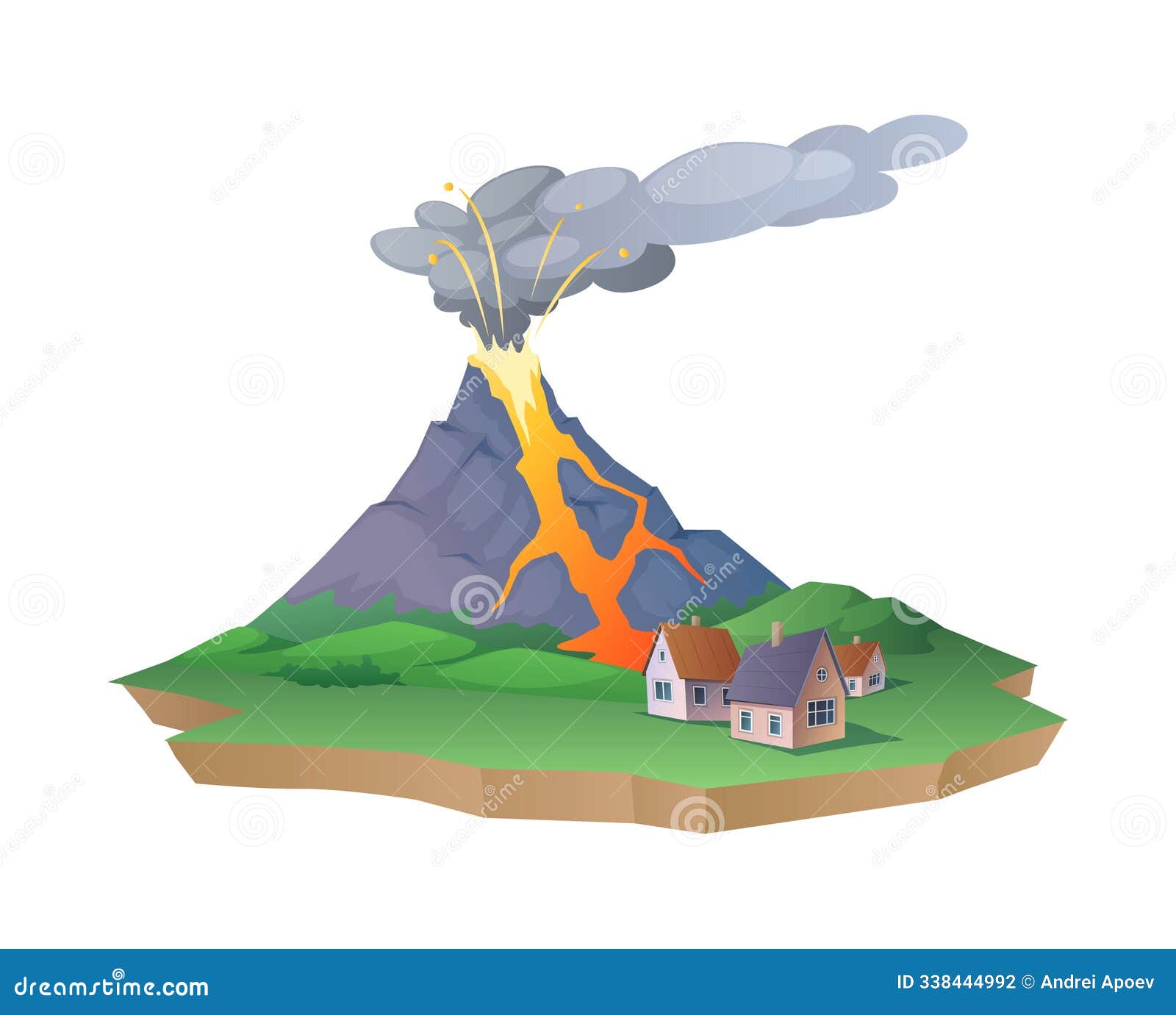 Volcano Eruption with Flowing Lava and Dust Cloud 2D Objects Stock ...