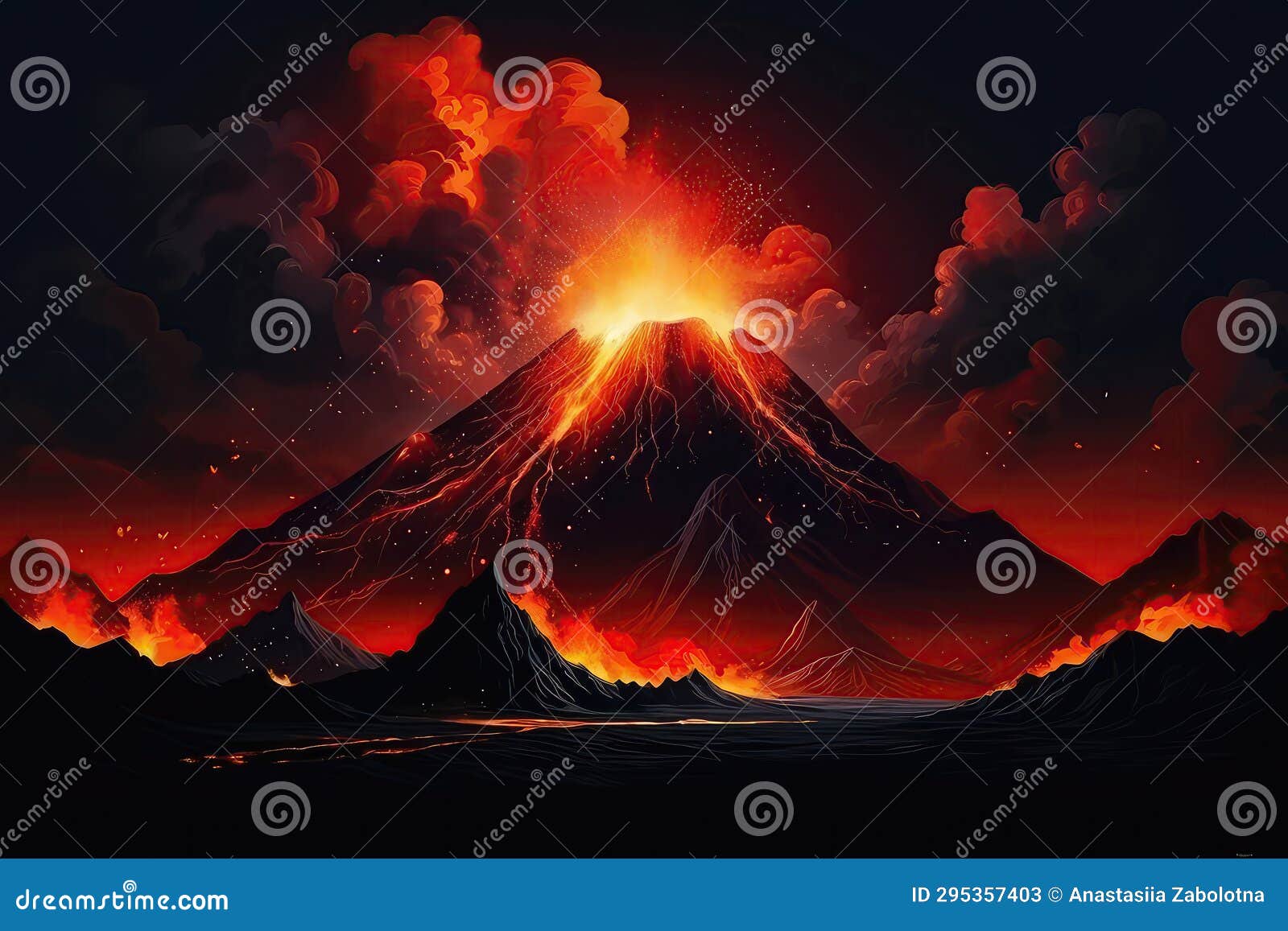 Volcano Eruption with Flowing Lava at Night Stock Illustration ...
