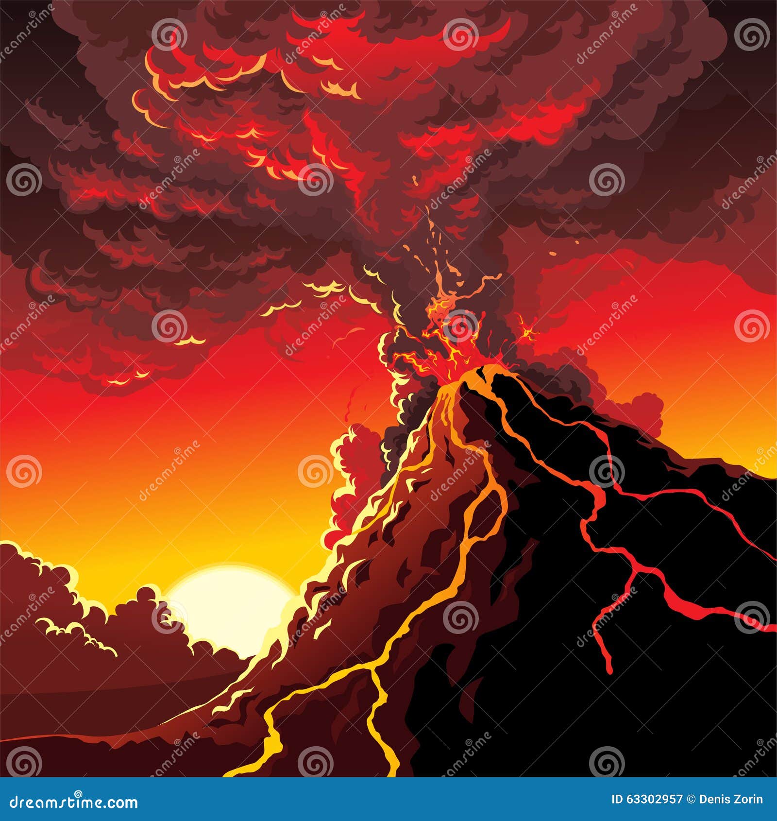 Volcano Eruption In Cartoon Style Isolated On White Background Stock ...