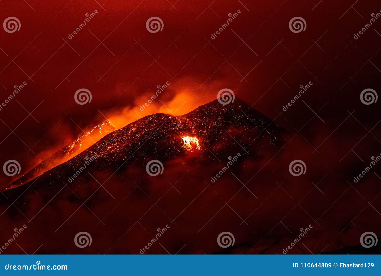 Volcano Eruption Landscape at Night - Mount Etna in Sicily Stock Image ...