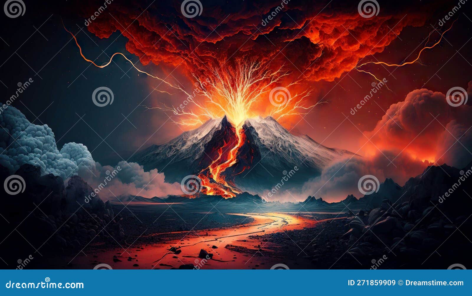 Volcano Eruption. Lava Flow Down the Slopes. Smoke Rises in Night Sky ...