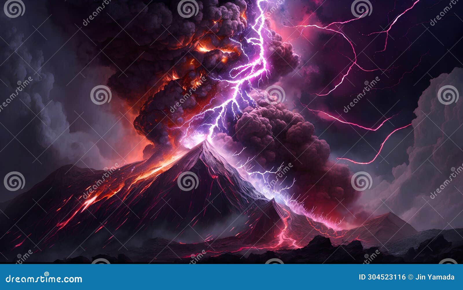 Volcano Eruption with Lava Flow and Lightning. 3D Illustration Stock ...