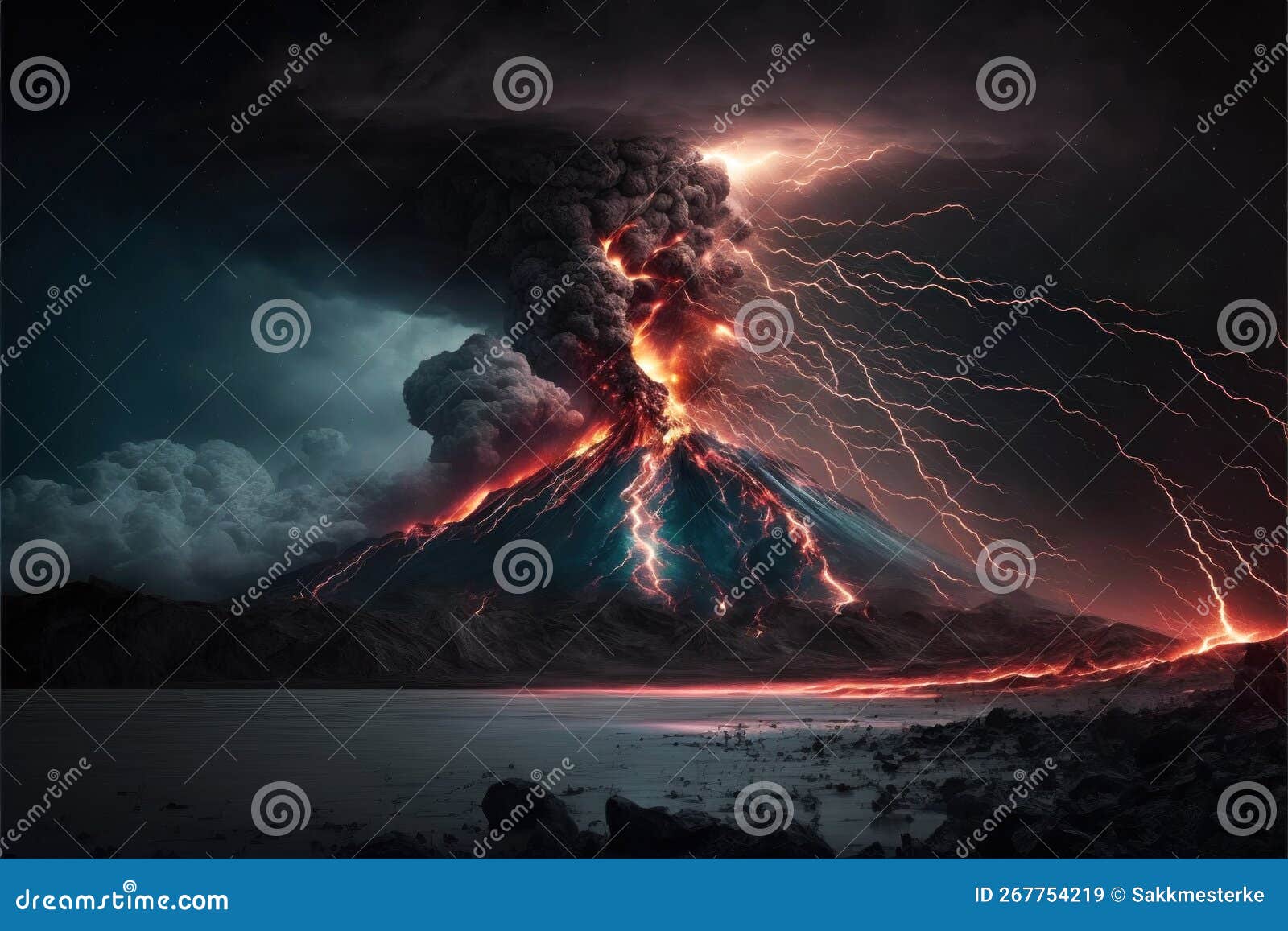 Volcano Eruption with Lava Flow Stock Illustration - Illustration of ...