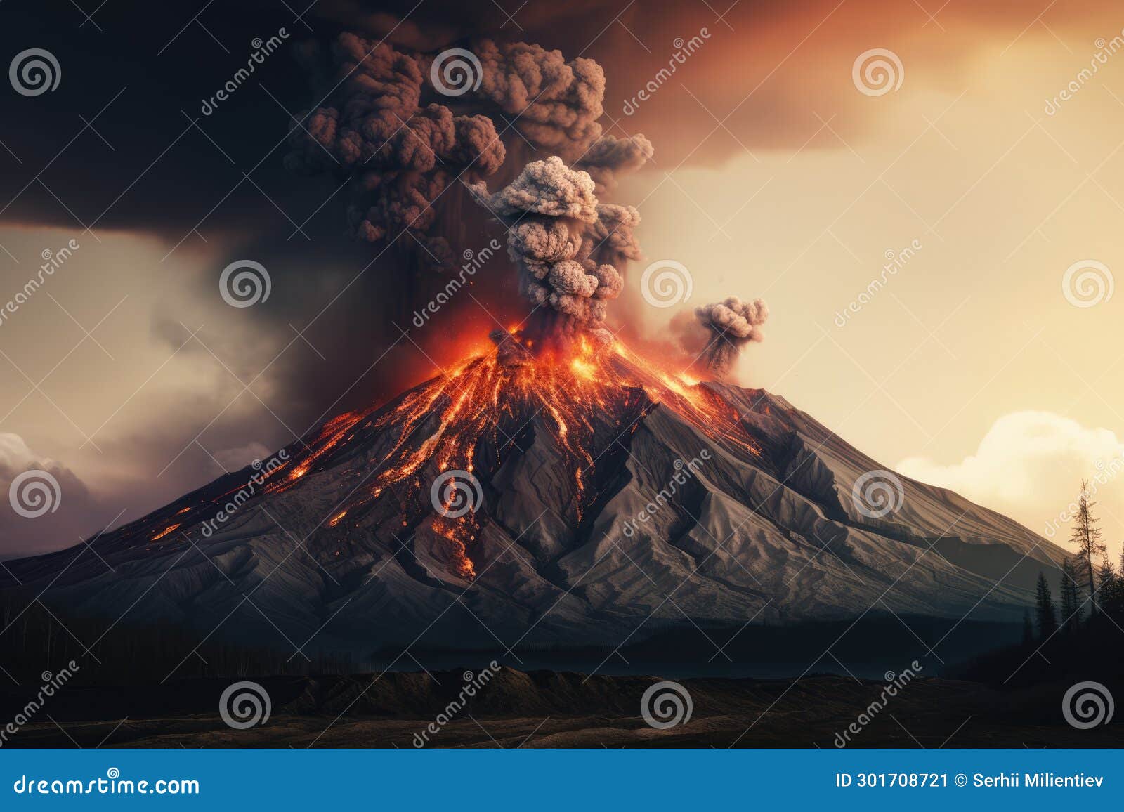 Volcano Eruption. Lava Running Down the Mountain. Smoke and Fire Stock ...