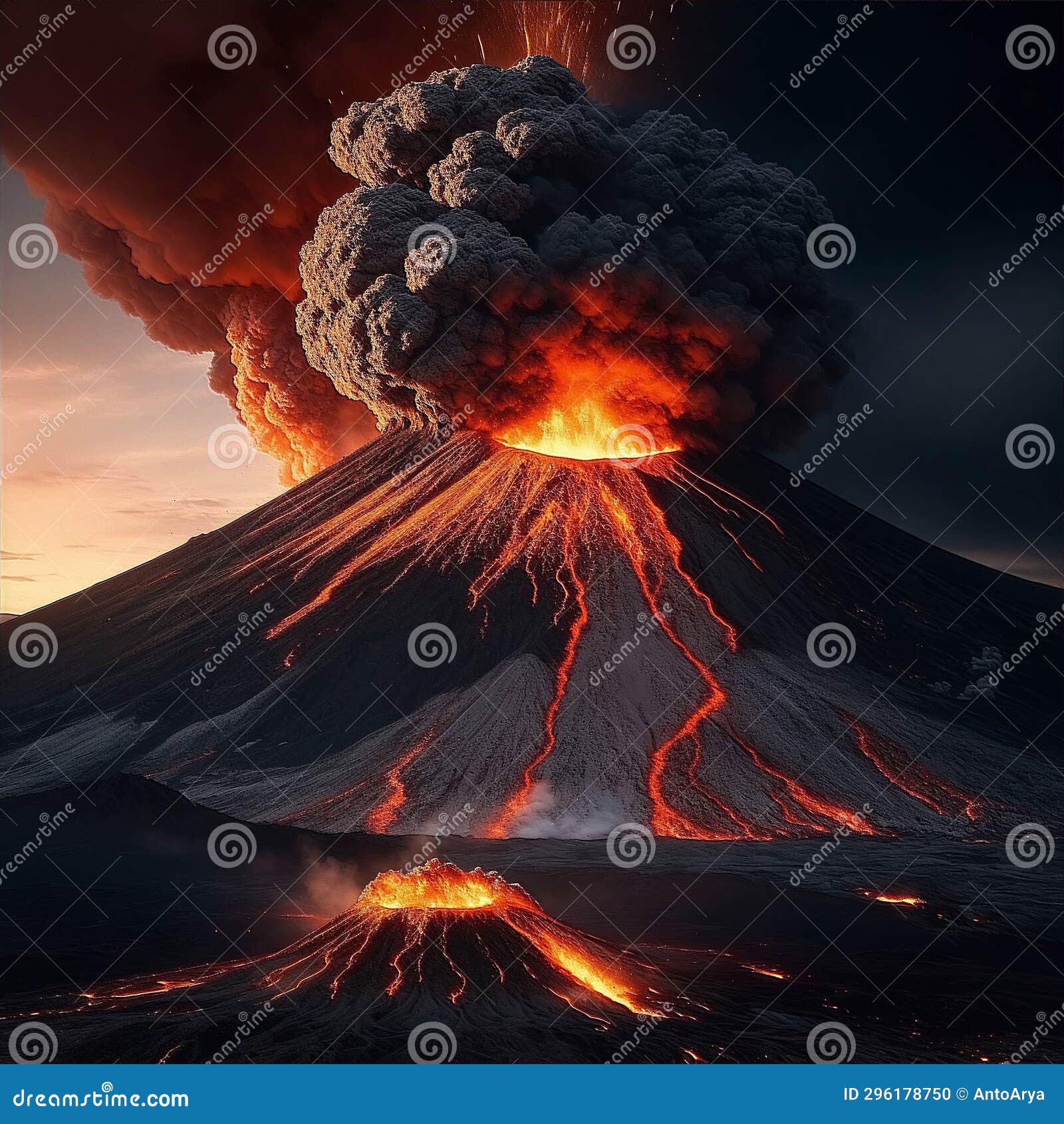 Volcano Eruption With Massive High Bursts Of Lava And Hot Clouds