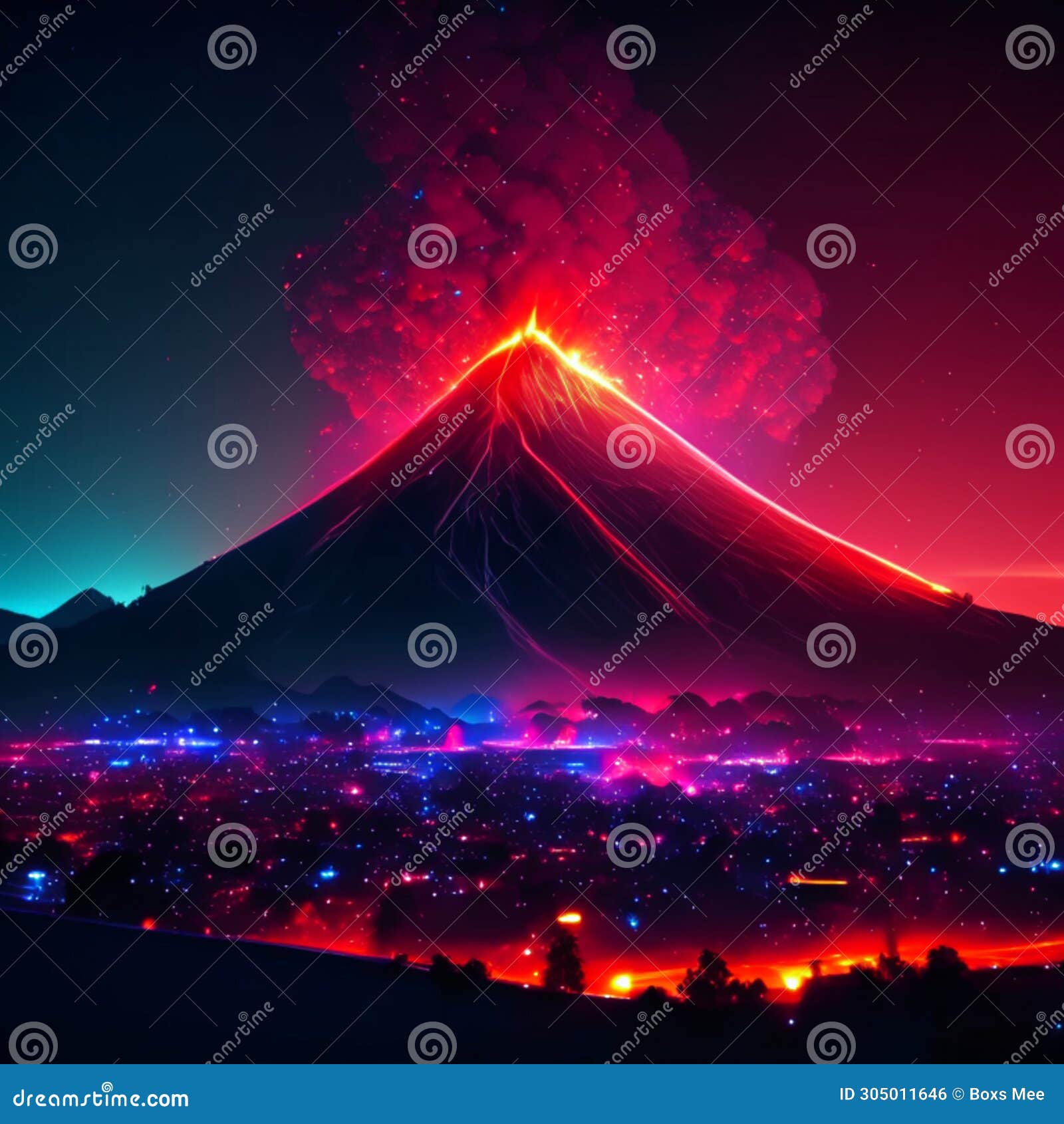 Volcano Eruption at Night, 3d Rendering. Computer Digital Drawing Stock ...